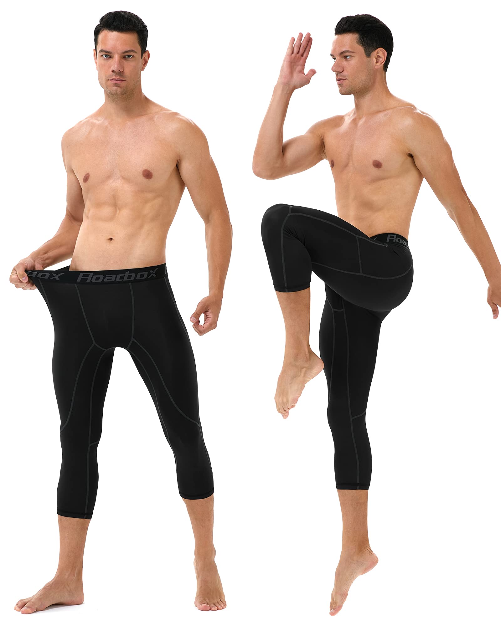 Roadbox Mens 3/4 Compression Pants with Pockets Running Workout Baseketball Base Layer Legging Tights