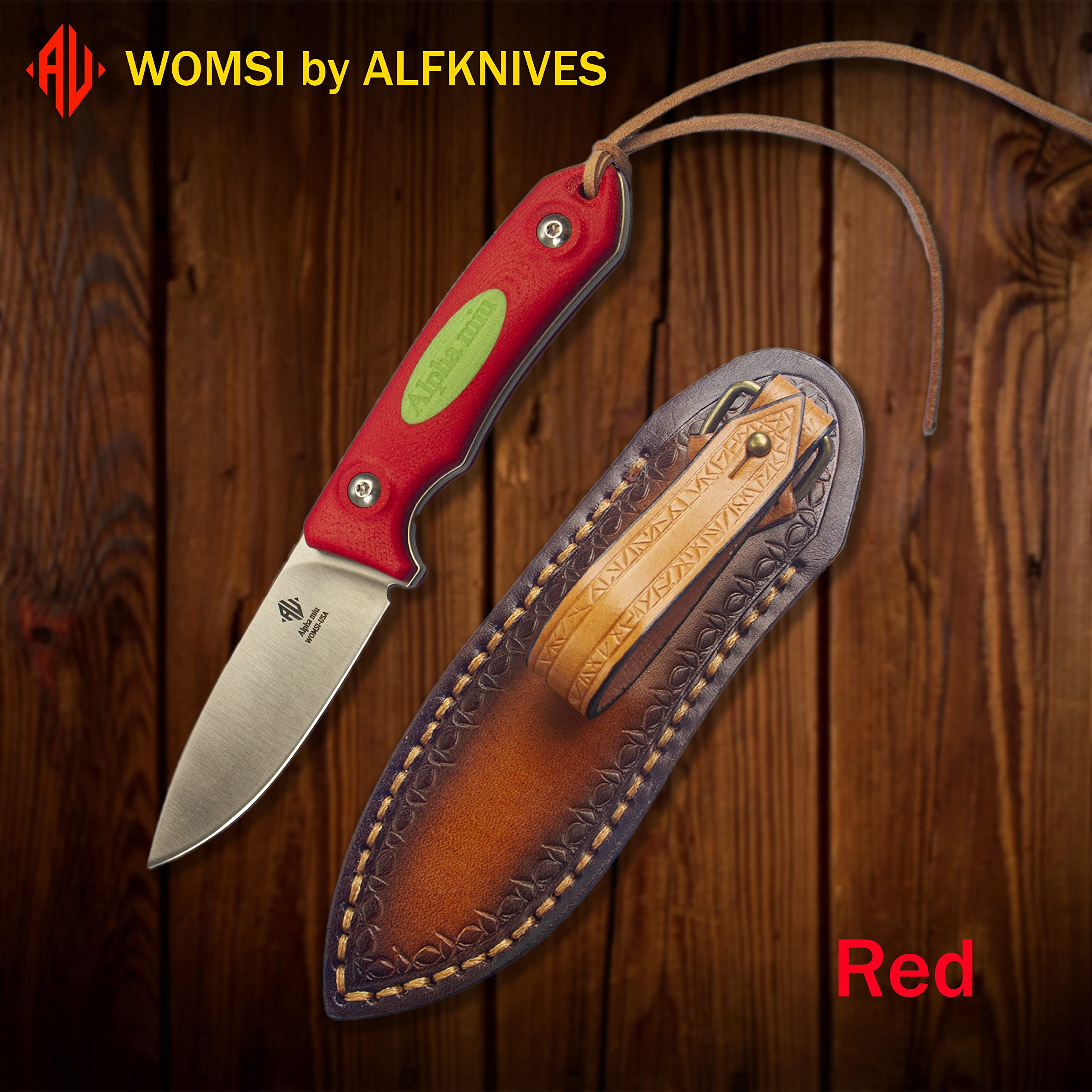 WOMSI Hunting Knife,Full Tang 6.57",DPS15-S Power Steel Blade,Sonorous&durable G10 Handle with Leather Sheath(Red)