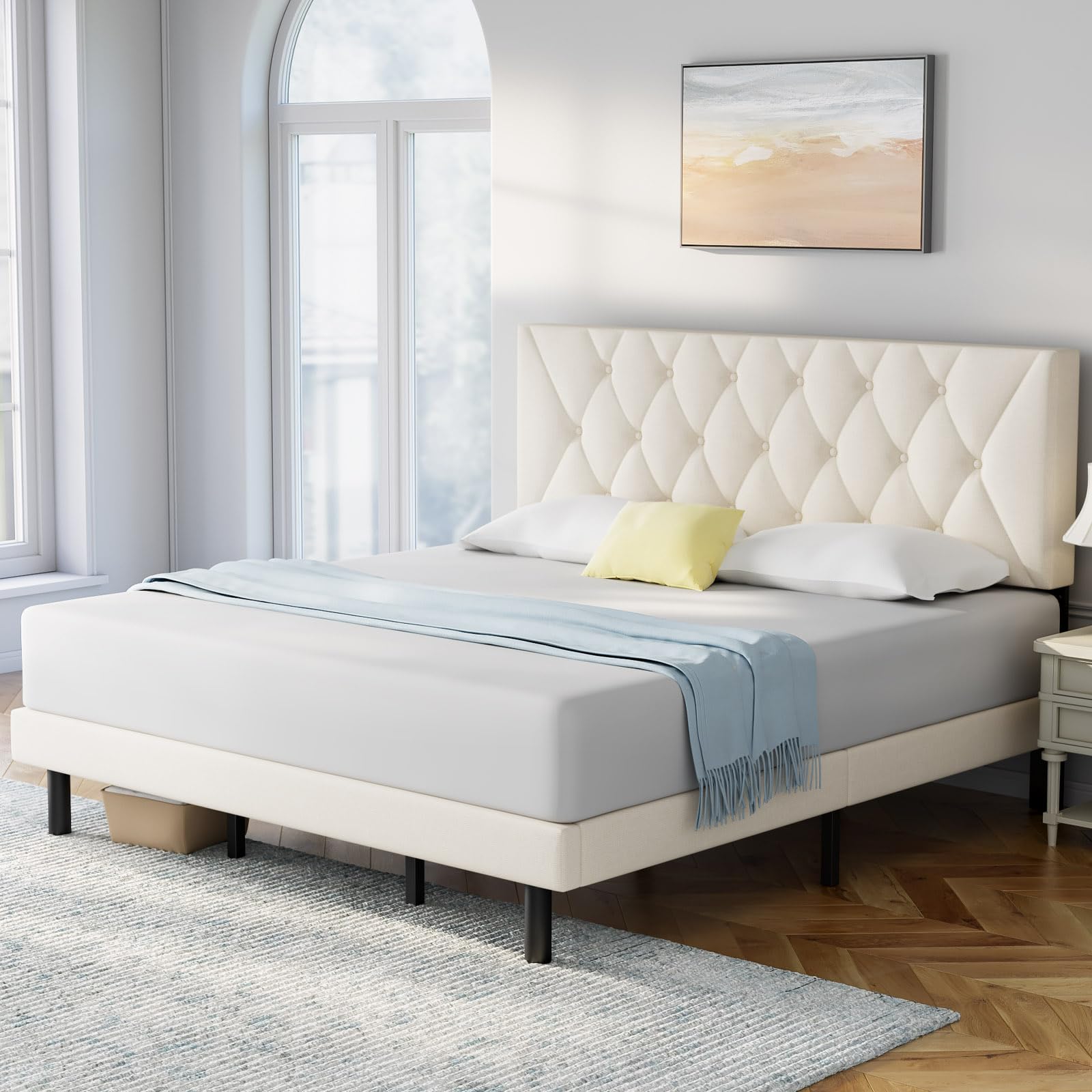 Molblly Full Size Bed Frame with Adjustable Headboard, Linen Fabric Wrap, Strong Frame and Wooden Slats Support, No Box Spring Needed, Non-Slip and Noiseless, Easy Assembly, Beige
