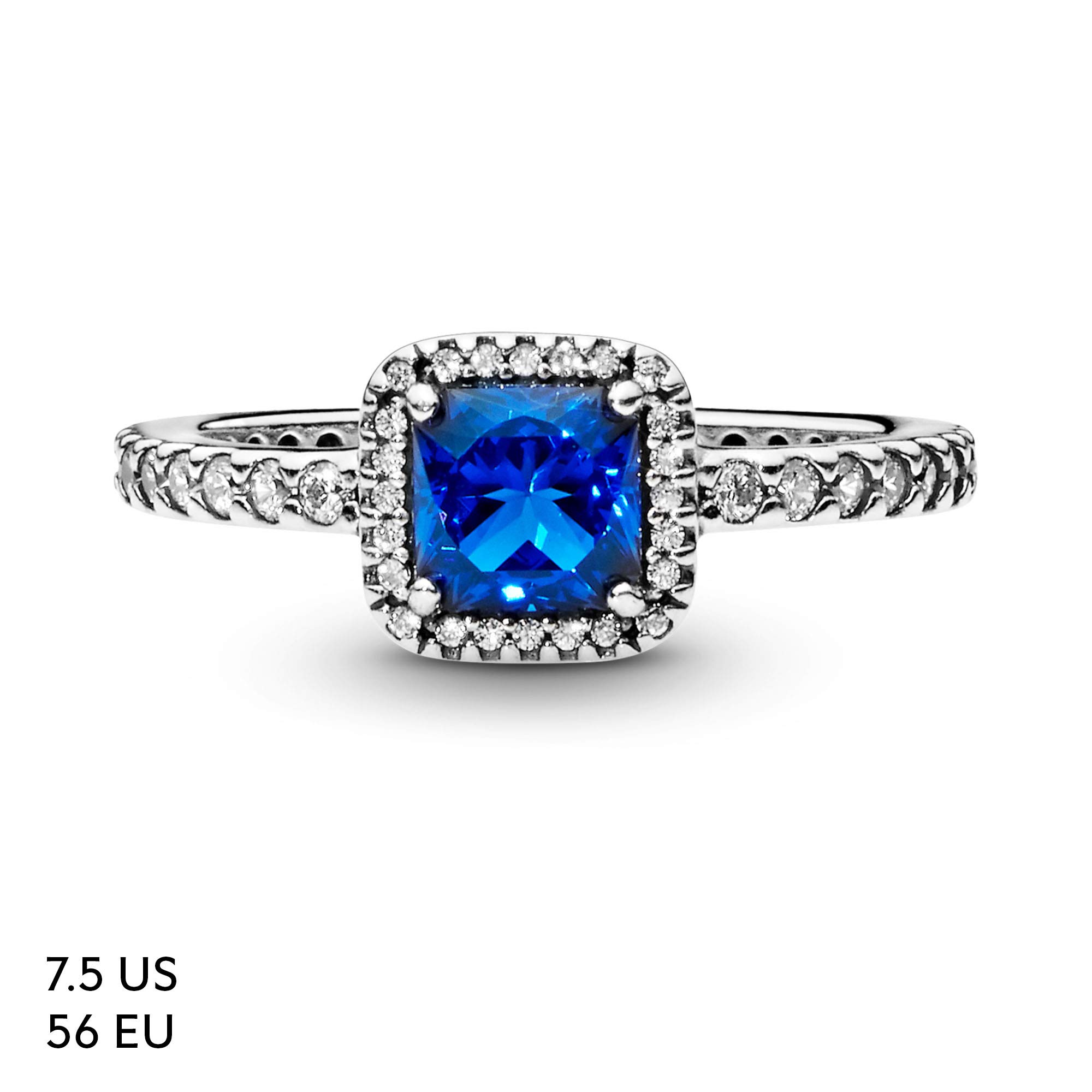 Pandora Jewelry Blue Square Sparkle Halo Crystal and Cubic Zirconia Ring in Sterling Silver, Size 7.5