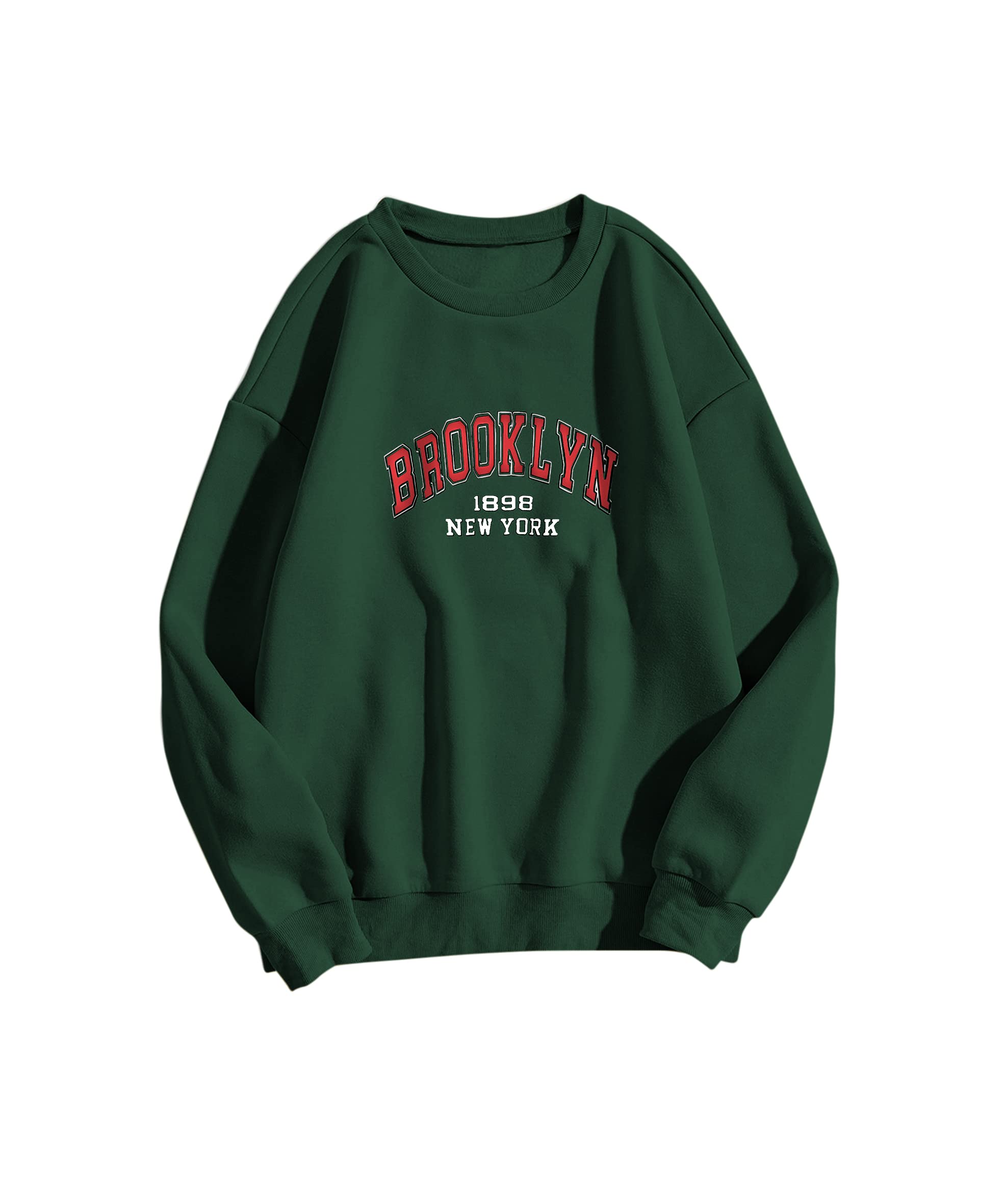 SAFRISIOR Women's Oversized Brooklyn New York Letter Print Graphic Fleece Sweatshirt Crewneck Long Sleeve Pullover Coat, Dark Green, Large