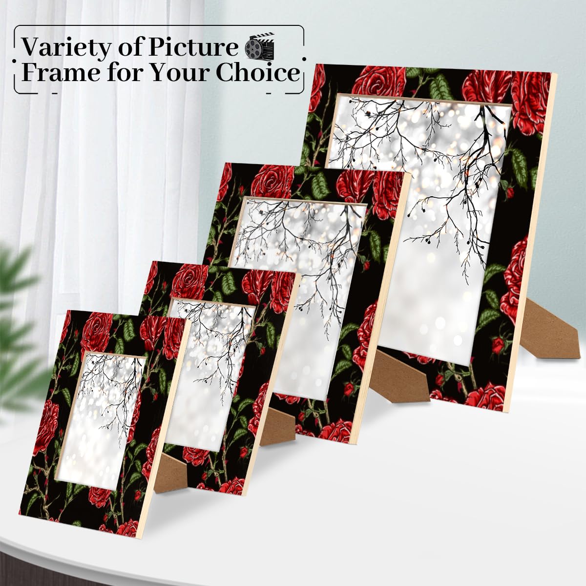 POFATO Skull Red Roses Stems 4x6 Picture Frame Wood Photo Frame for Tabletop Display Wall Mount Picture Frame Display 4x 6 Inch Photo Wall Decor Home Gift Frames