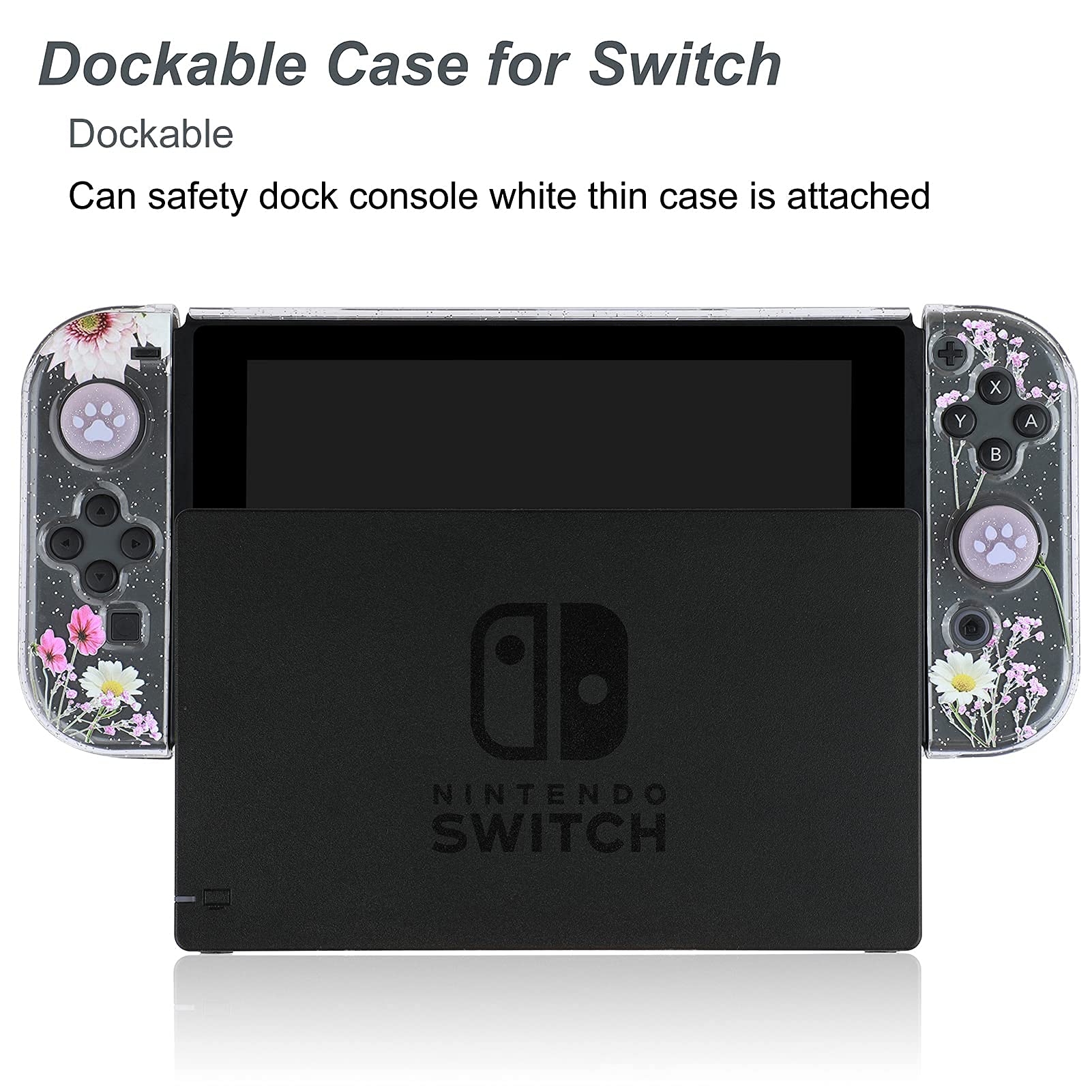 ThreeShip Kawvisy Dockable Crystal Case for Switch, Glitter Switch Cover with 4 Cute Cat Claw Thumb Grips and Screen Protector, Sparkle Switch Case(Pink Flower)