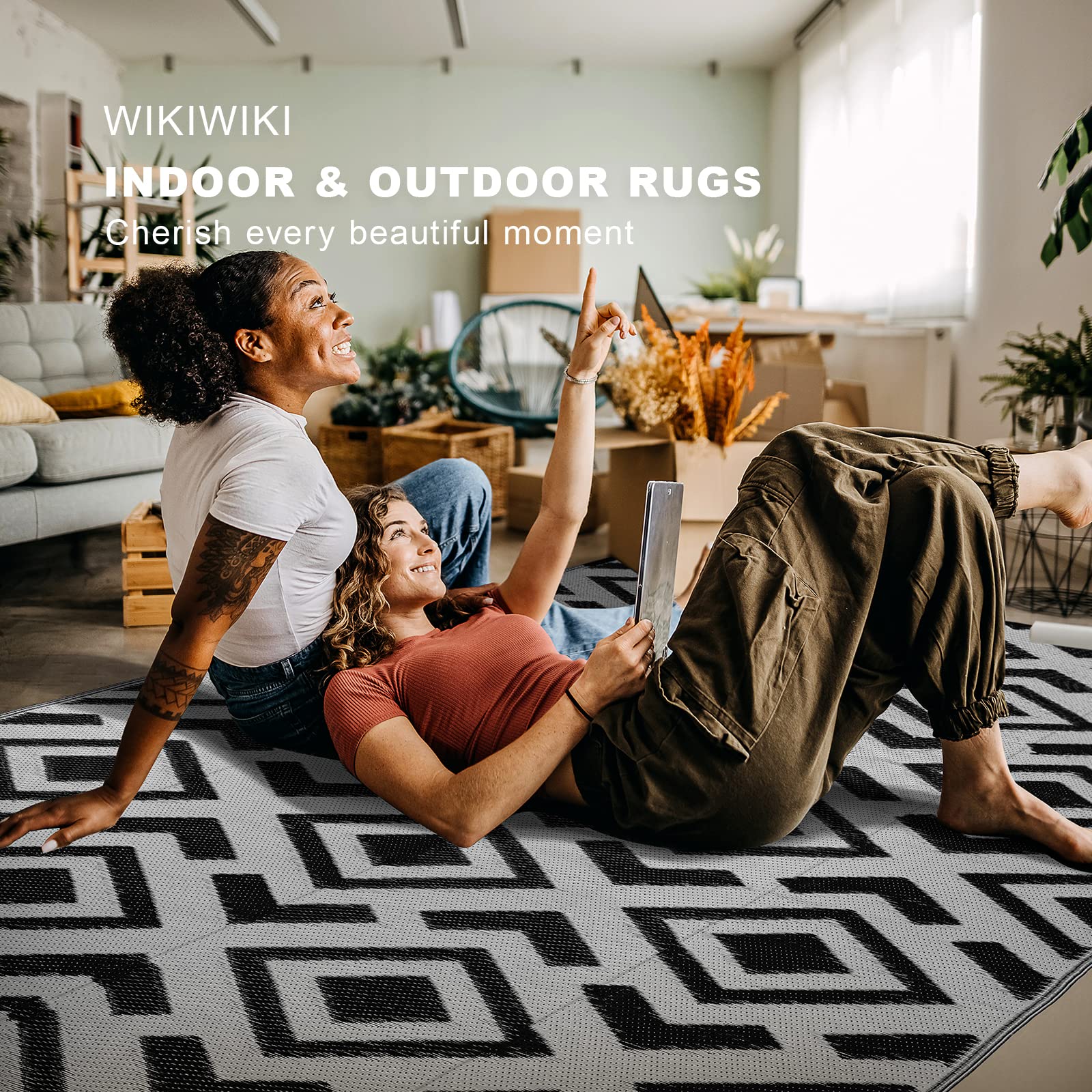 wikiwiki Outdoor Rug, 5x8ft Waterproof Reversible Mat Indoor Outdoor Rugs Carpet, Small Area Rug Plastic Straw Rug for Patio Deck Balcony Pool RV Camping Beach Picnic, Black