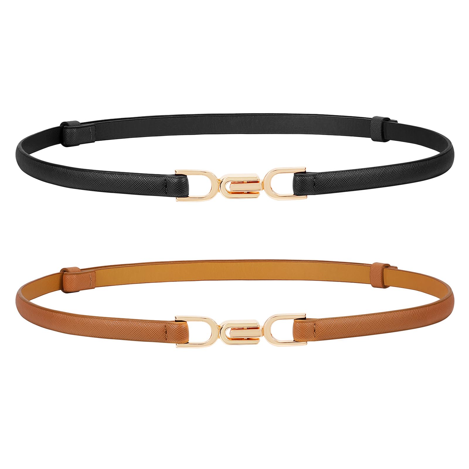 WHIPPY 2 Pack Women Skinny Leather Belt Adjustable Thin Waist Belt Fashion Buckle Belt for Dress,black+brown