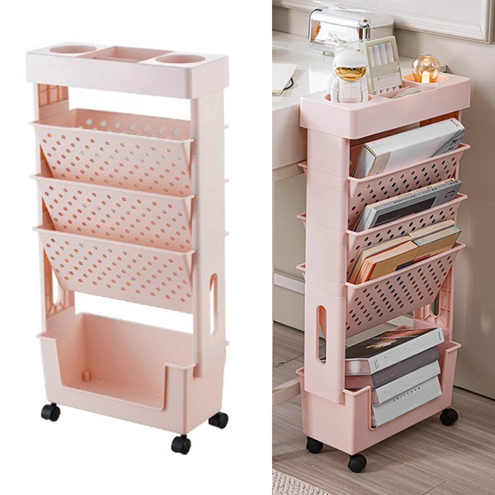 Movable Bookshelf, Slide Out Rolling Utility Cart, Movable Bookshelf Shelving Organizer, Multilayer Capacity Rotatable Removable Plastic Practical Rolling Organization Shelf with Wheel(Pink)