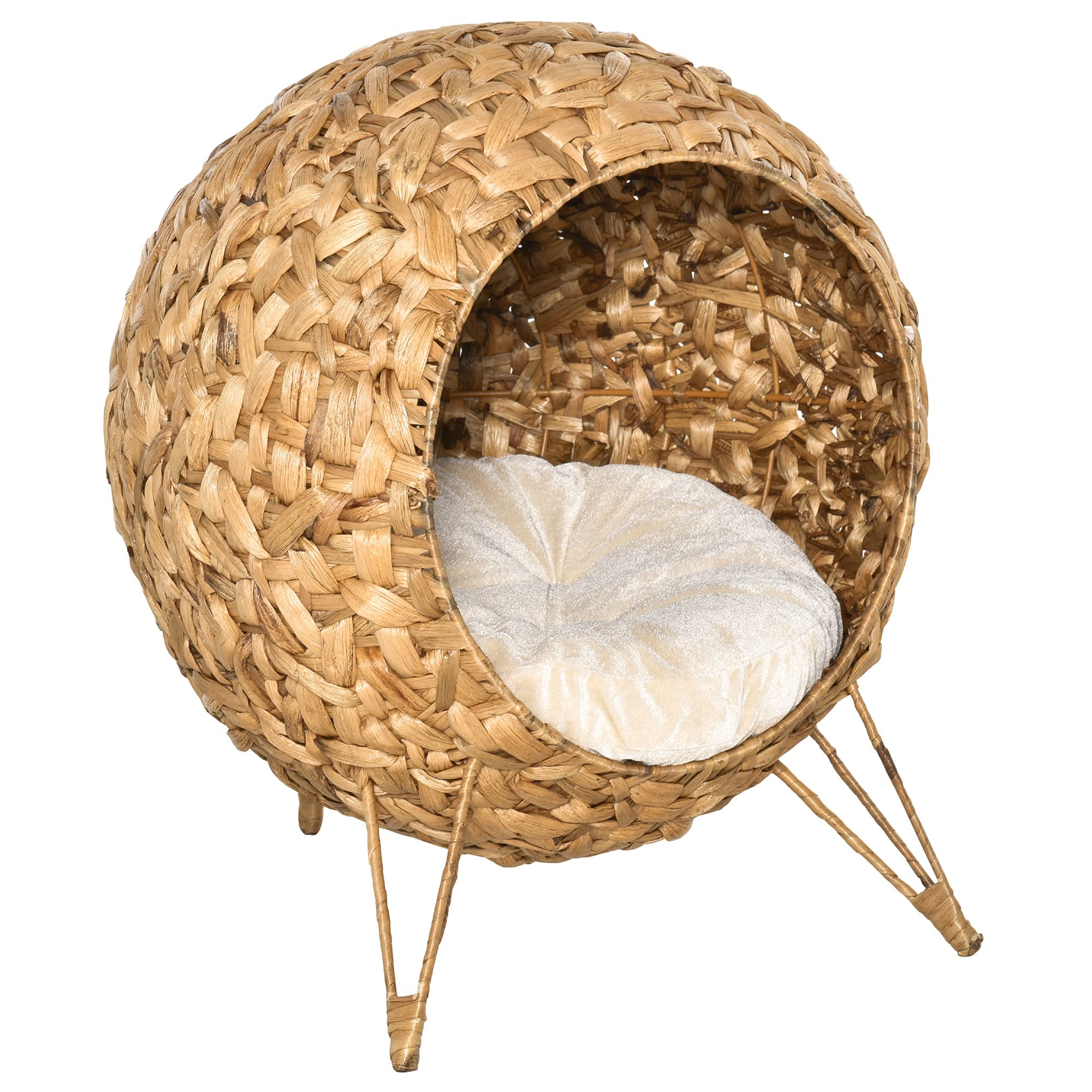 PawHut 20.7" Weaved Cat Bed, Elevated Hand-Woven Braided Banana Leaf Kitten House Condo with Cushion, Natural