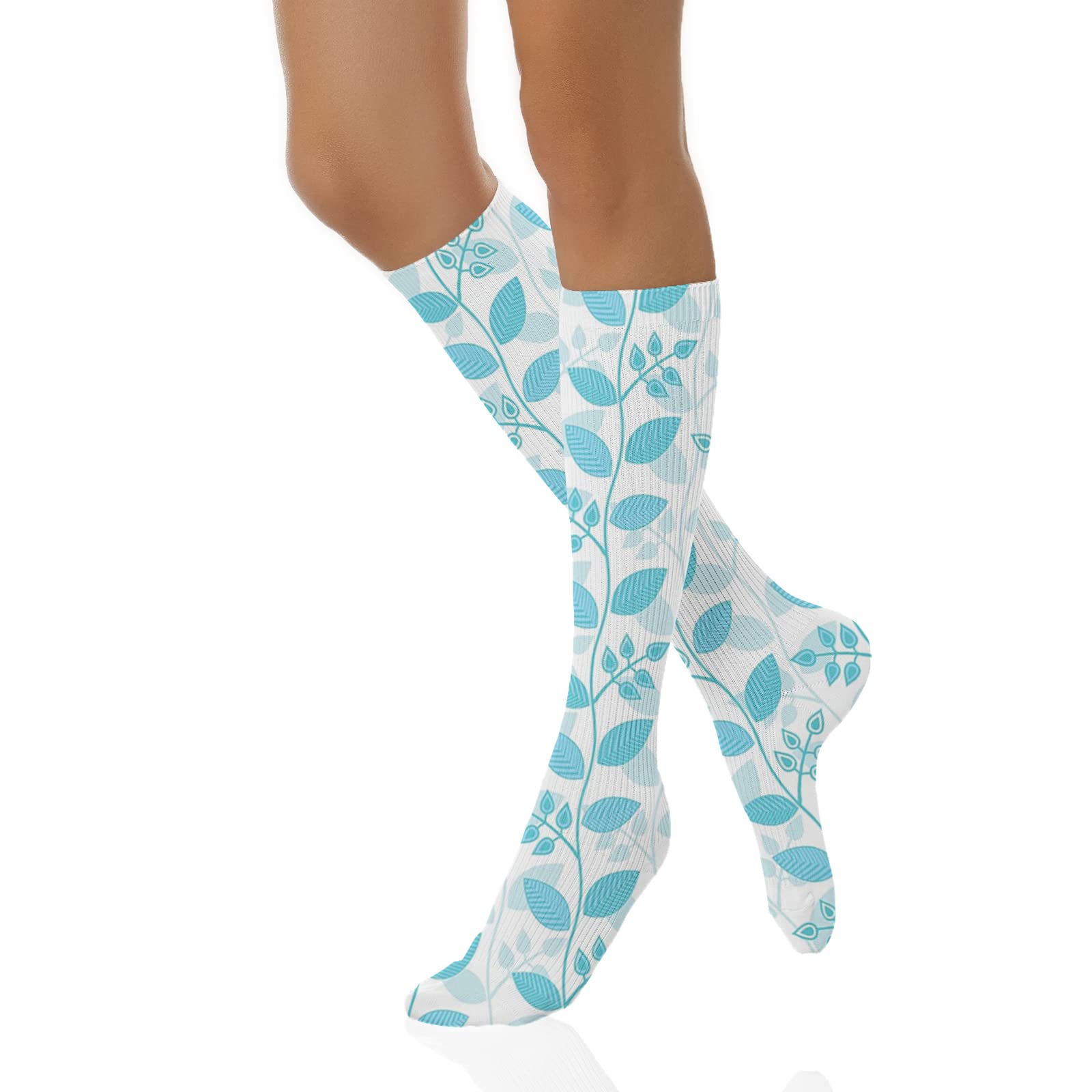 Taknne Leaves Fashion Compression Socks,Abstract Floral Pattern Botanical Inspirations Ornamental Gentle,Performance Polyester Cushioned Athletic Crew Socks for Running,Athletic,Blue White- 20 inch