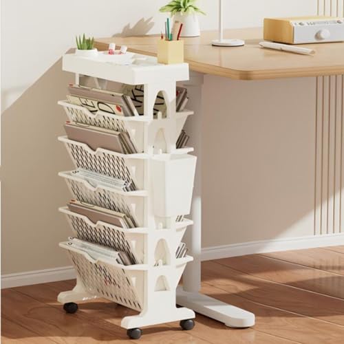 Movable Classroom Deskside Bookshelf, Desk Storage Organizer with Caster Wheels, 6-Tier Storage Trolley Under Desk, Adjustable Rolling Cart Organizer Multifunctional Rolling Cart with Hanging Cups ( C