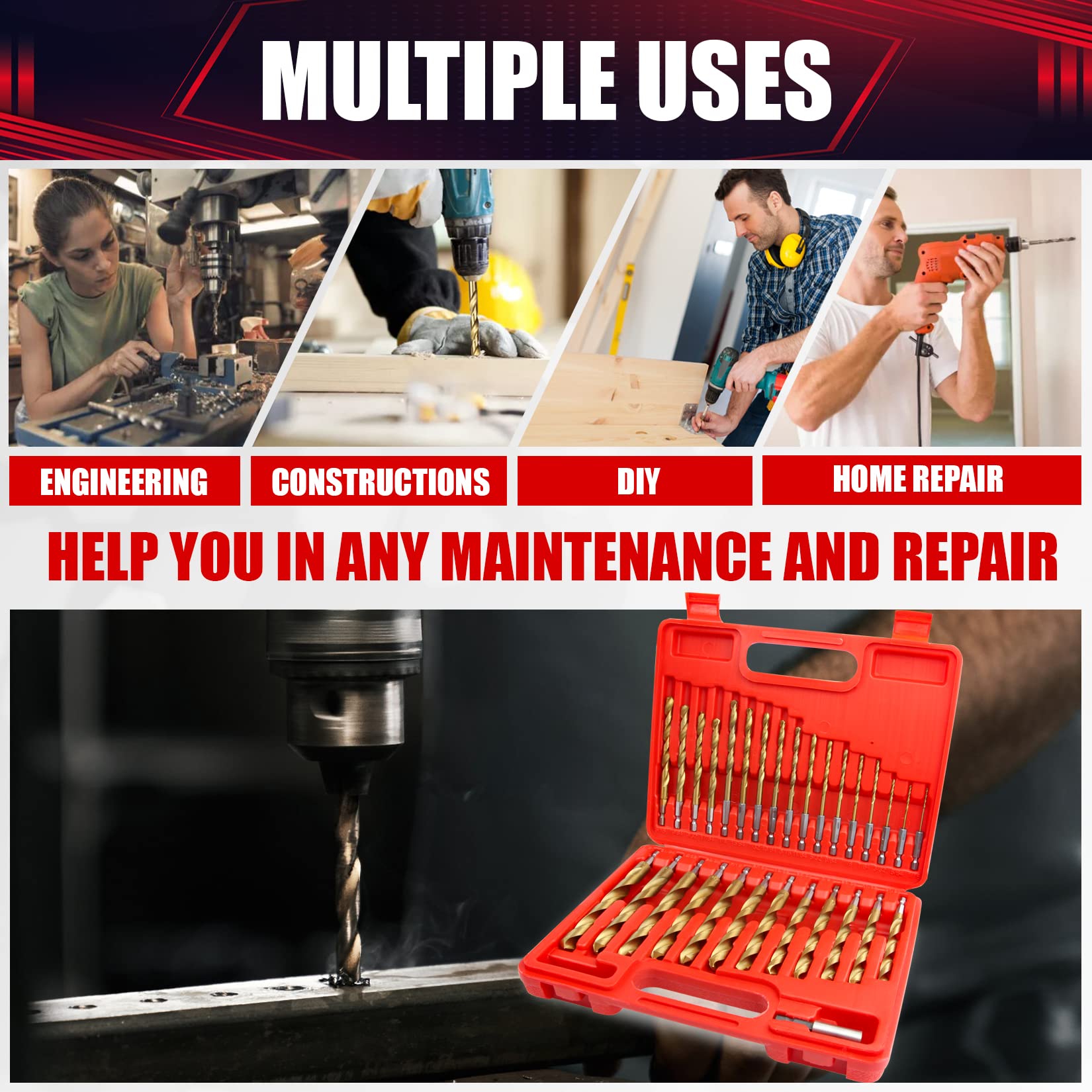 wesleydrill 30 Pcs Impact Twist Drill Bit Set,1/16"-1/2" Hex Shank Hss Titanium Drill Bits,Fit for Metal/Wood/Plastic Sink