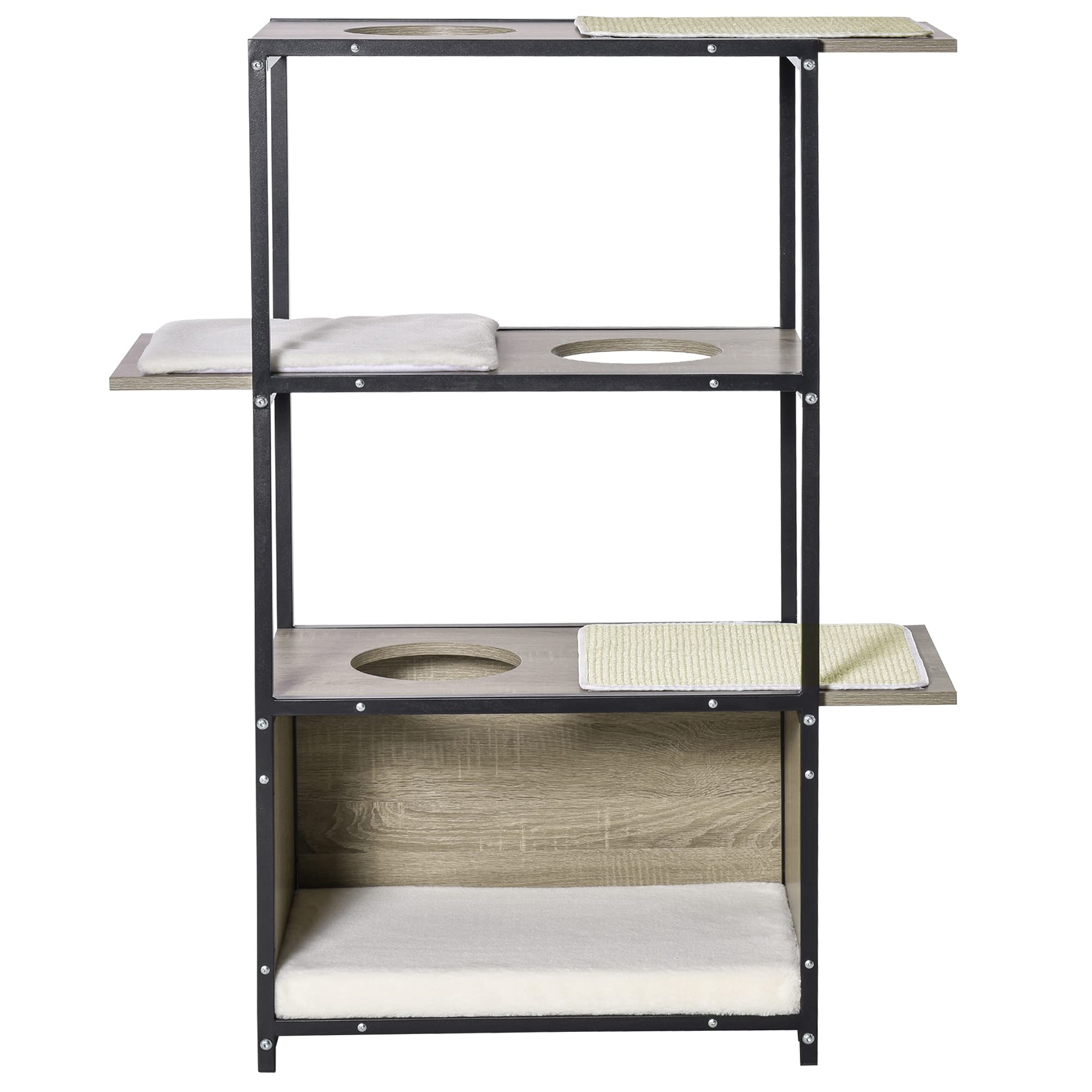 PawHut 48" H Cat House Cat Activity Tower Shelf Furniture with 3 Climbing Platforms, 1 Condo, Scratch Pad and Removable Cushions, Grey/Black