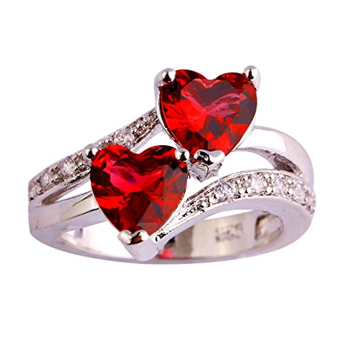 Narica Silver Plated 7x7mm Double Heart Cut Created Ruby Spinel Cubic Zirconia Filled Halo Wedding Engagement Band Elegant Women's Ring for Mom Bridal Lover Gift 10#