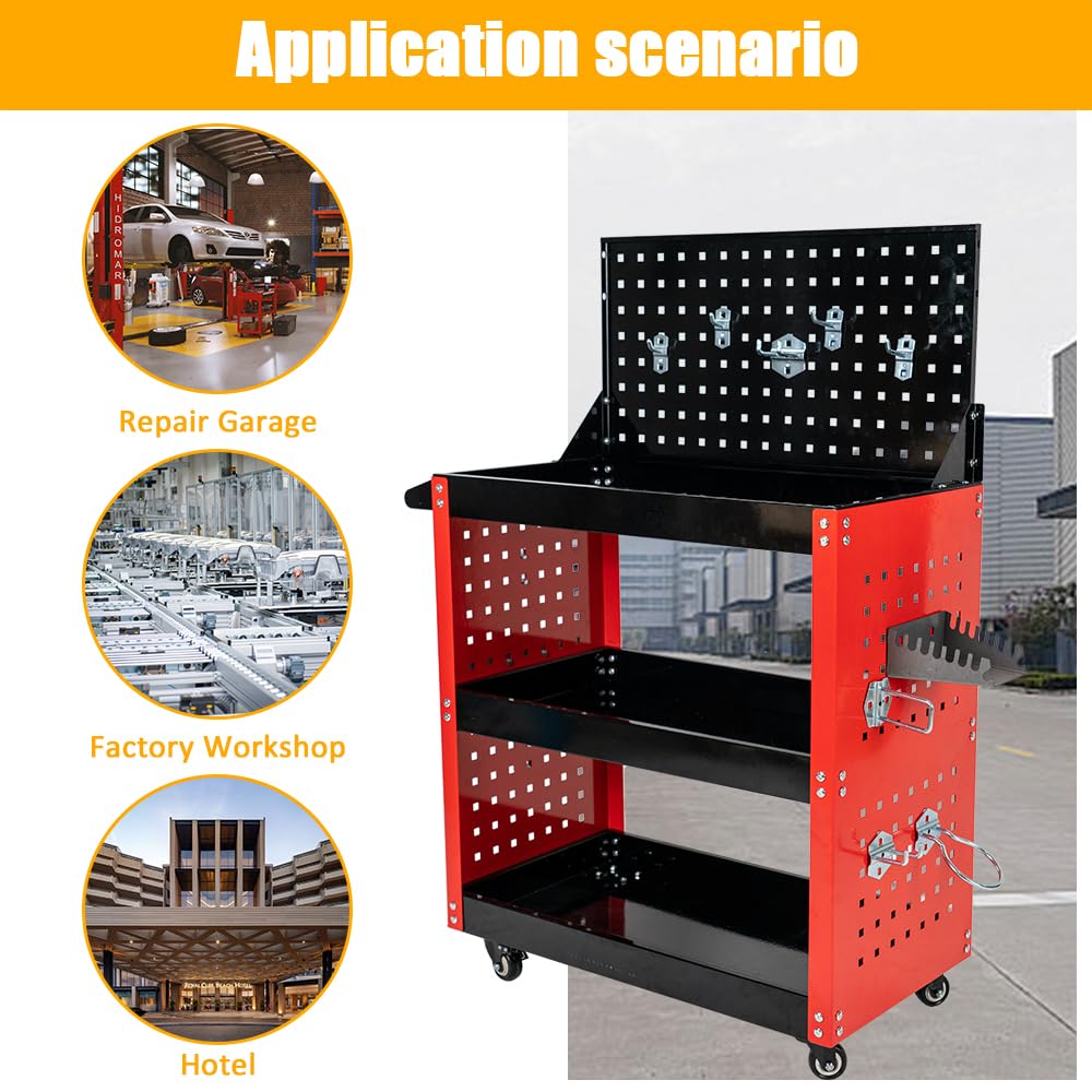 Yeeoy 3 Tier Rolling Tool Cart, Heavy Duty Mechanic Tool Storage Cart with Hooks & Wheels, 660lbs Load Capacity Tool Organizer Side Pegboard kit for Garage Warehouse Repair Shop