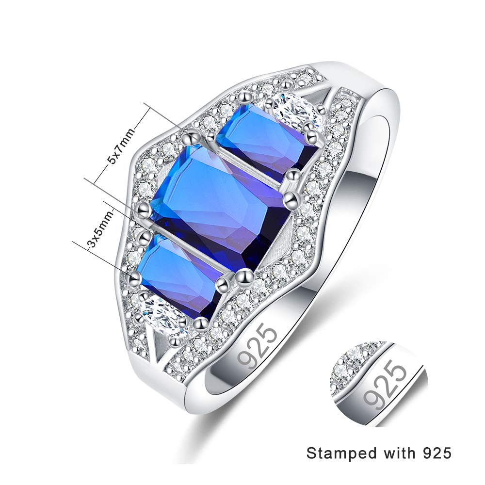 Narica Silver Plated 3-Stone Emerald Cut Created Blue Sapphire Cubic Zirconia Filled Halo Wedding Engagement Band Elegant Women's Ring for Mom Bridal Lover 7#