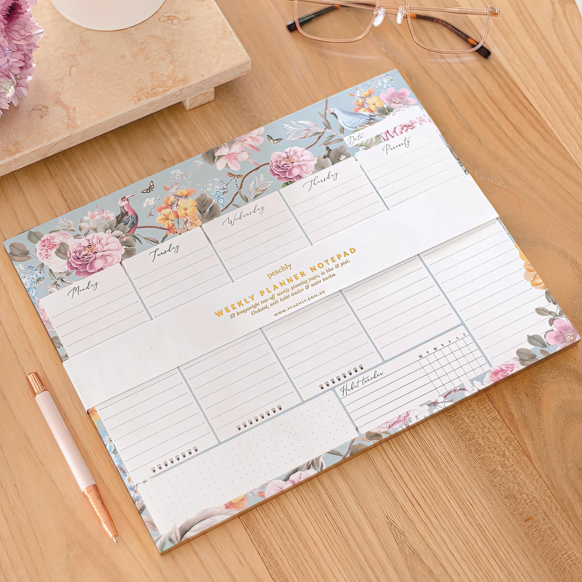 Peachly Weekly Tear Off Planner Pad - 52 Pages Desk Notepad with To Do List, Water Tracker and Habit Tracker 8.5 x 11 inches - Peony