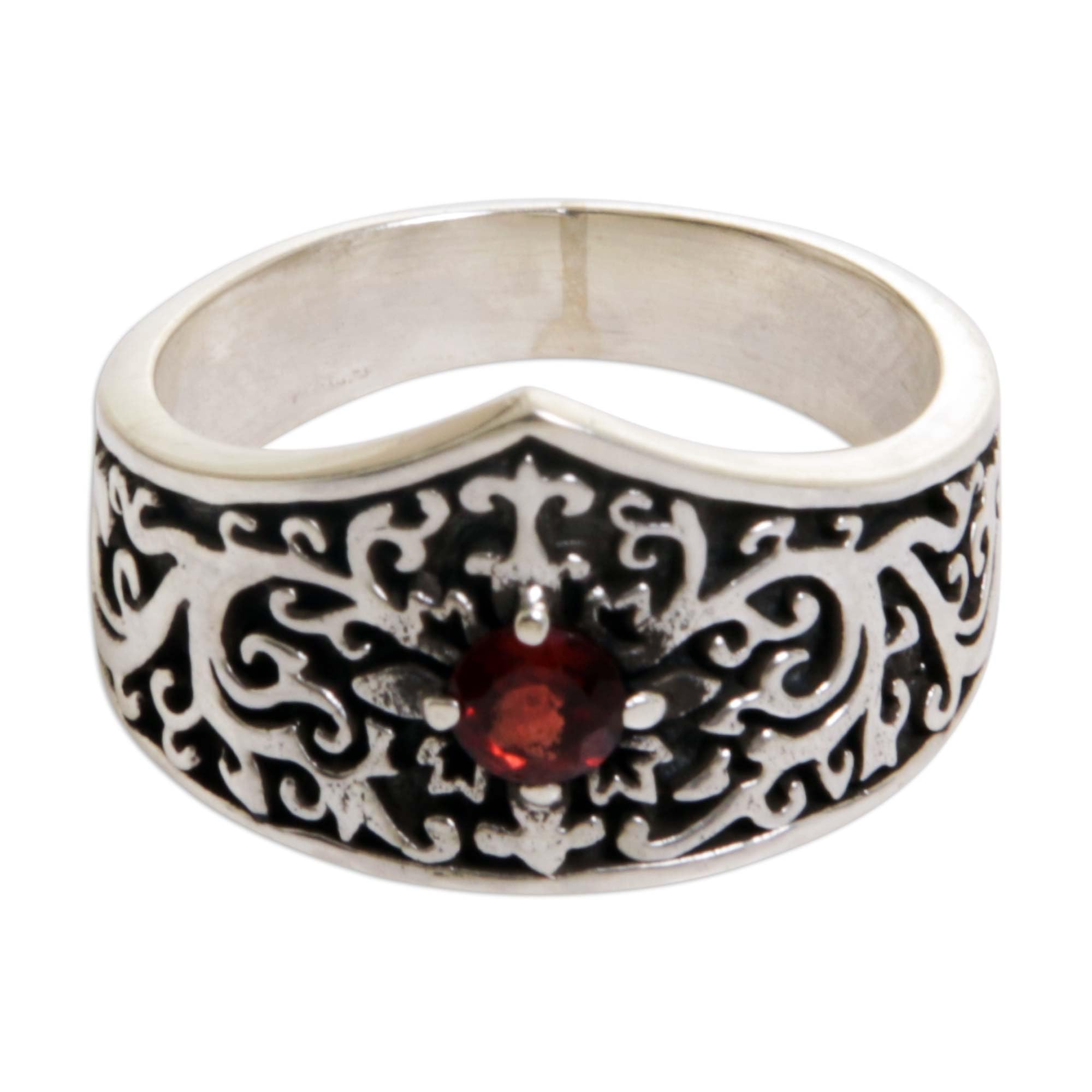 NOVICA Artisan Handmade Garnet Band Ring .925 Sterling Silver from Indonesia Aurora Birthstone 'Red Crown'