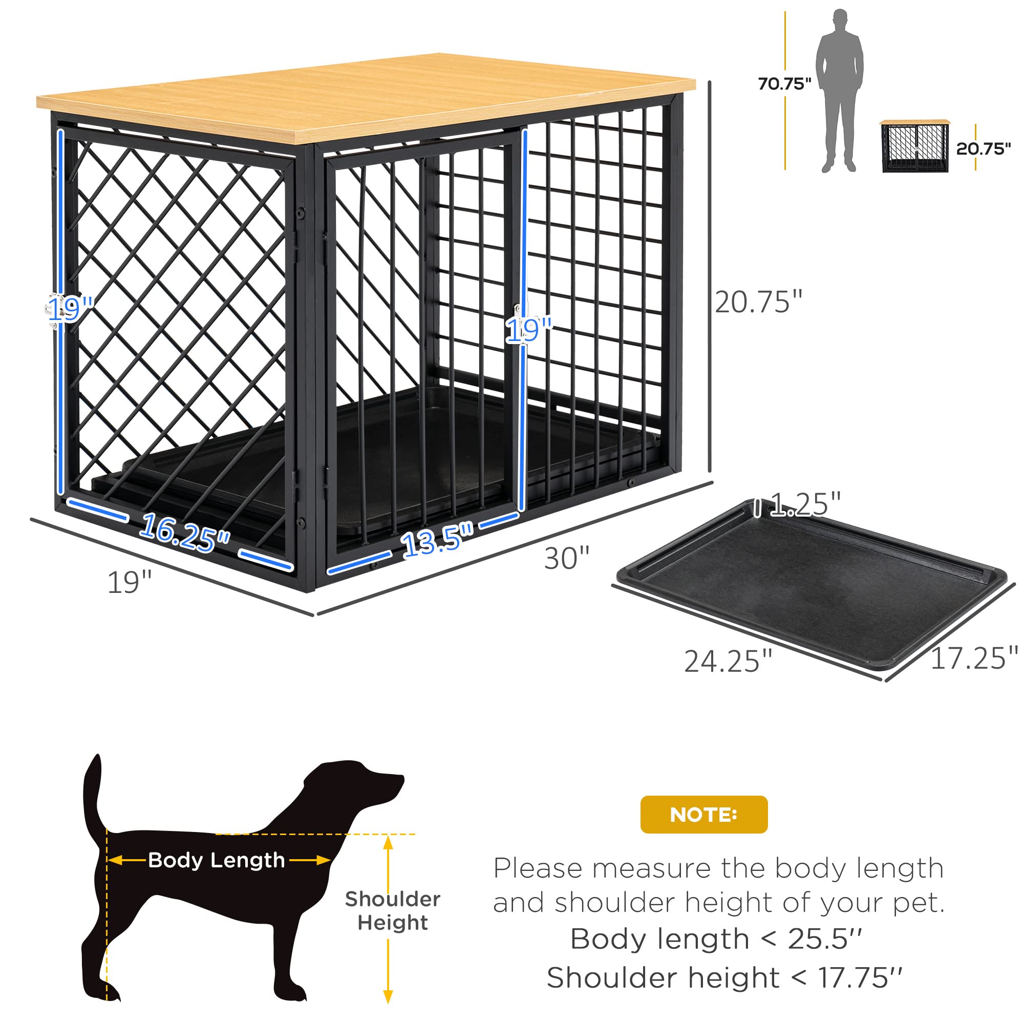 PawHut Dog Crate Furniture, Heavy Duty Dog Kennel End Table with Removable Tray, for Small Medium Dogs, Indoor Use, Black