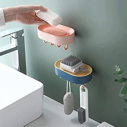 PLMM soap Box, Wall Mounted Soap Holder Box Door Soap Dish for Bathroom Products Tray Portable with Suction Cup Solid Drain Water Plates (Color : Pink)