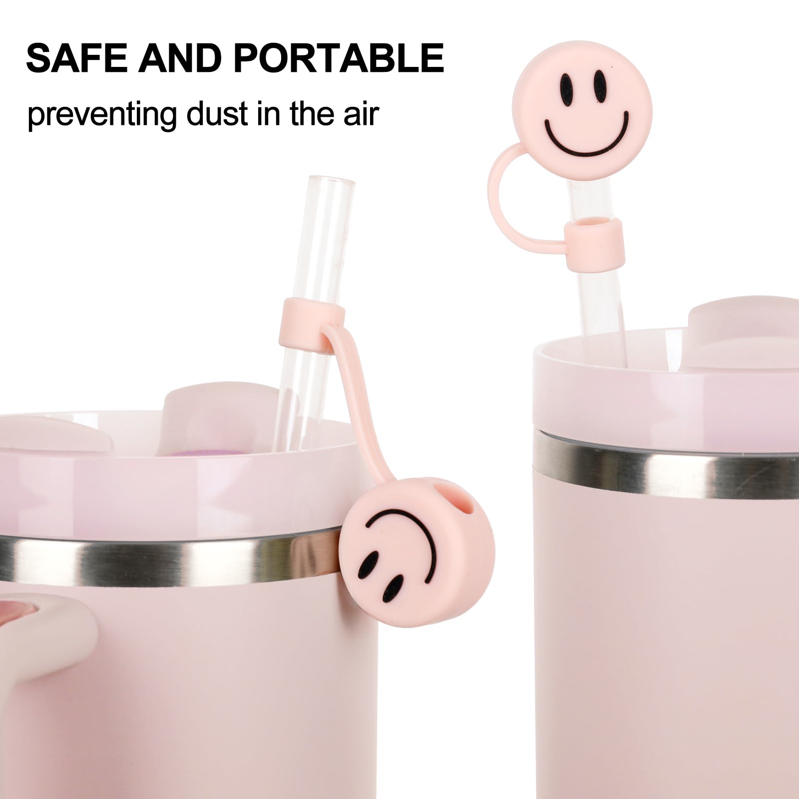 Whaline 6Pcs Smile Face Straw Covers Light Pink Double Sided Pattern Straw Tip Covers 0.4 Inch Silicone Reusable Round Straw Topper for 30 & 40 OZ Tumbler with Handle