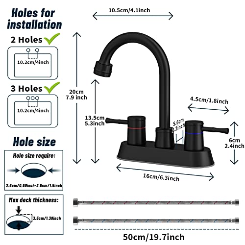 yeulluey Black Bathroom Faucets, 360 Swivel Spout 2 Handle Bathroom Sink Faucet with Water Supply Lines Lead-Free 4 Inch Centerset Faucet for Bath Basin 2 3 Hole