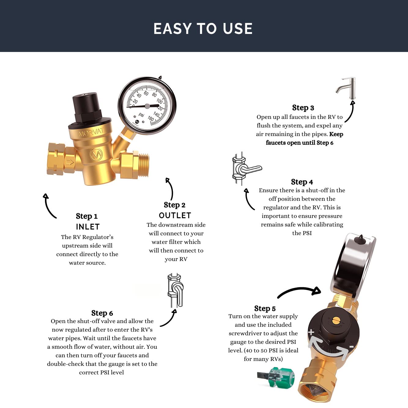 Morvat Premium Lead-Free Brass RV Water Pressure Regulator Adjustable Valve with Oil Filled Gauge for Camper, Includes Screwdriver, Roll Of Teflon Tape & 2 Extra Rubber Washers