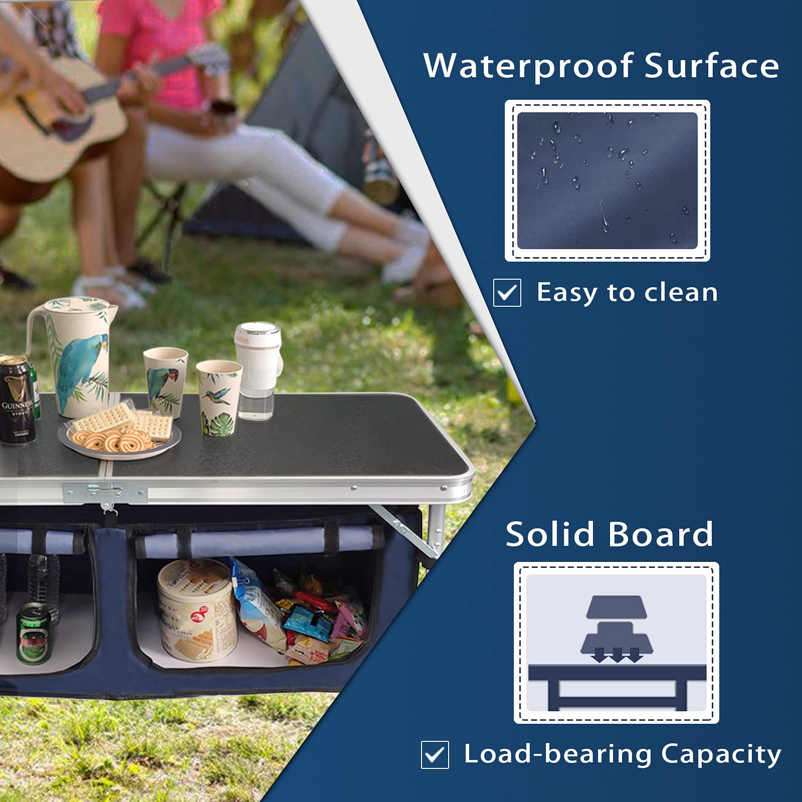 Seatopia Outdoor Folding Camp Table with Storage Organizer,Aluminum Lightweight Height Adjustable Picnic Table, Portable Foldable Table for Camping, Picnic, BBQ, Party,buffet table