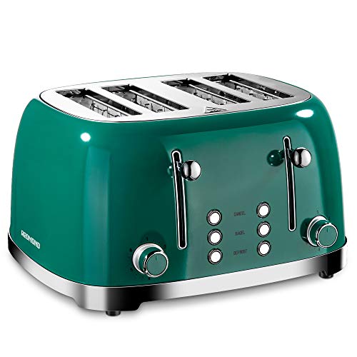 REDMOND 4 Slice Toaster Retro Stainless Steel Toasters with Bagel Defrost Cancel Function, 6 Browning Settings, Green, ST033