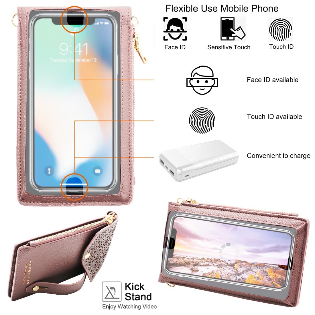 SNUG STAR Multi-purpose Card Holder Wallet-RFID Blocking,Lightweight Zipper Pocket Crossbody Bag with Touch Screen Purse for Most iphone Cell phones (Pink)