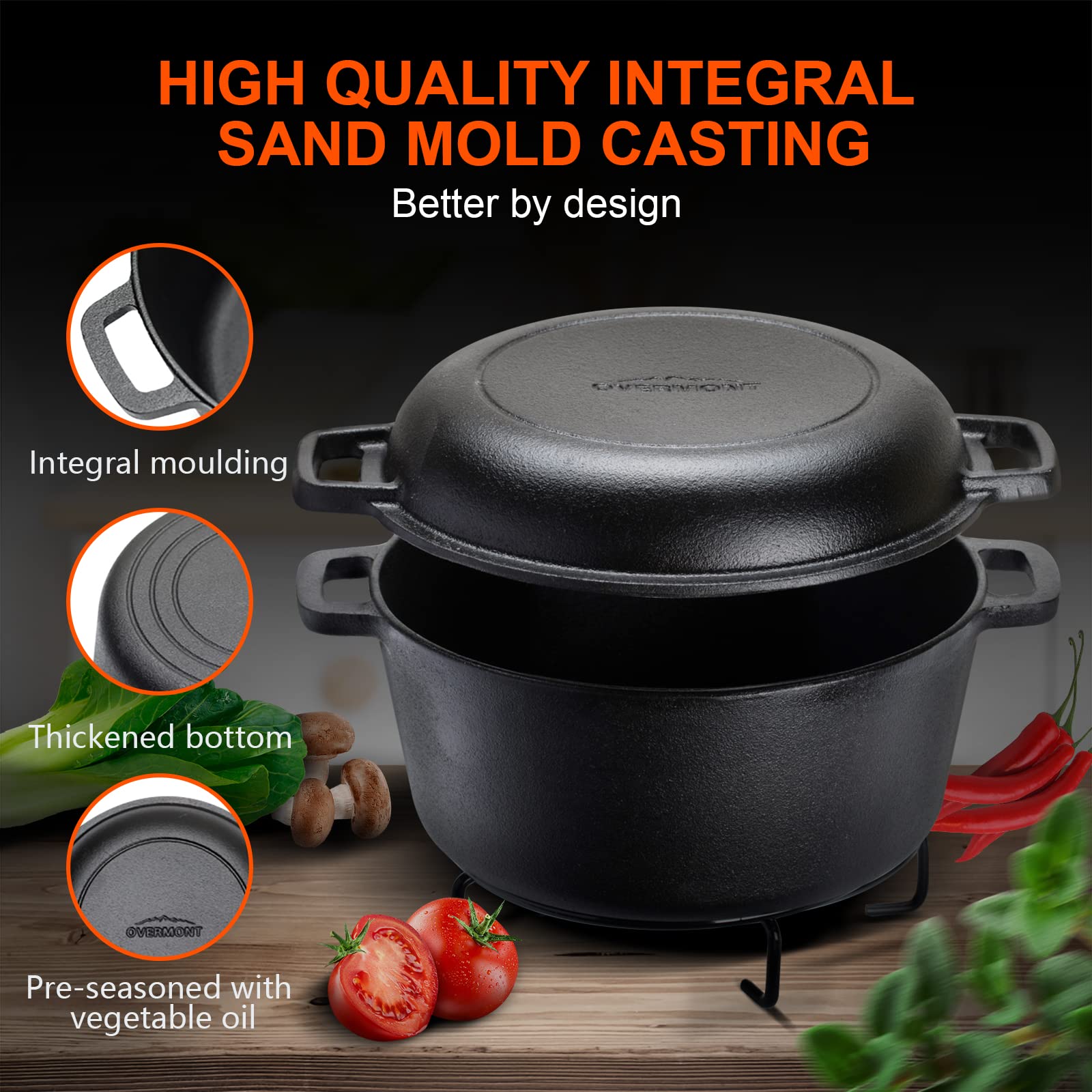 Overmont 2 in 1 Pre Seasoned Dutch Oven with Skillet Lid for Induction, Electric, Grill, Stovetop, BBQ, Camping (5 Quart)