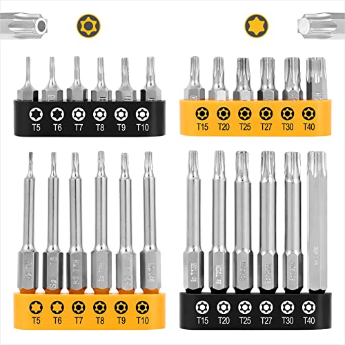 YF YoungFulTool 24Pcs Security Torx Bits with Head from T5 to T40 1'' 2.3''Long Shank 1/4 Hex Tail S2 Steel Drill Bits Tamper Resistant Bits Suitable for Drills,Hand,Power or Air Tools