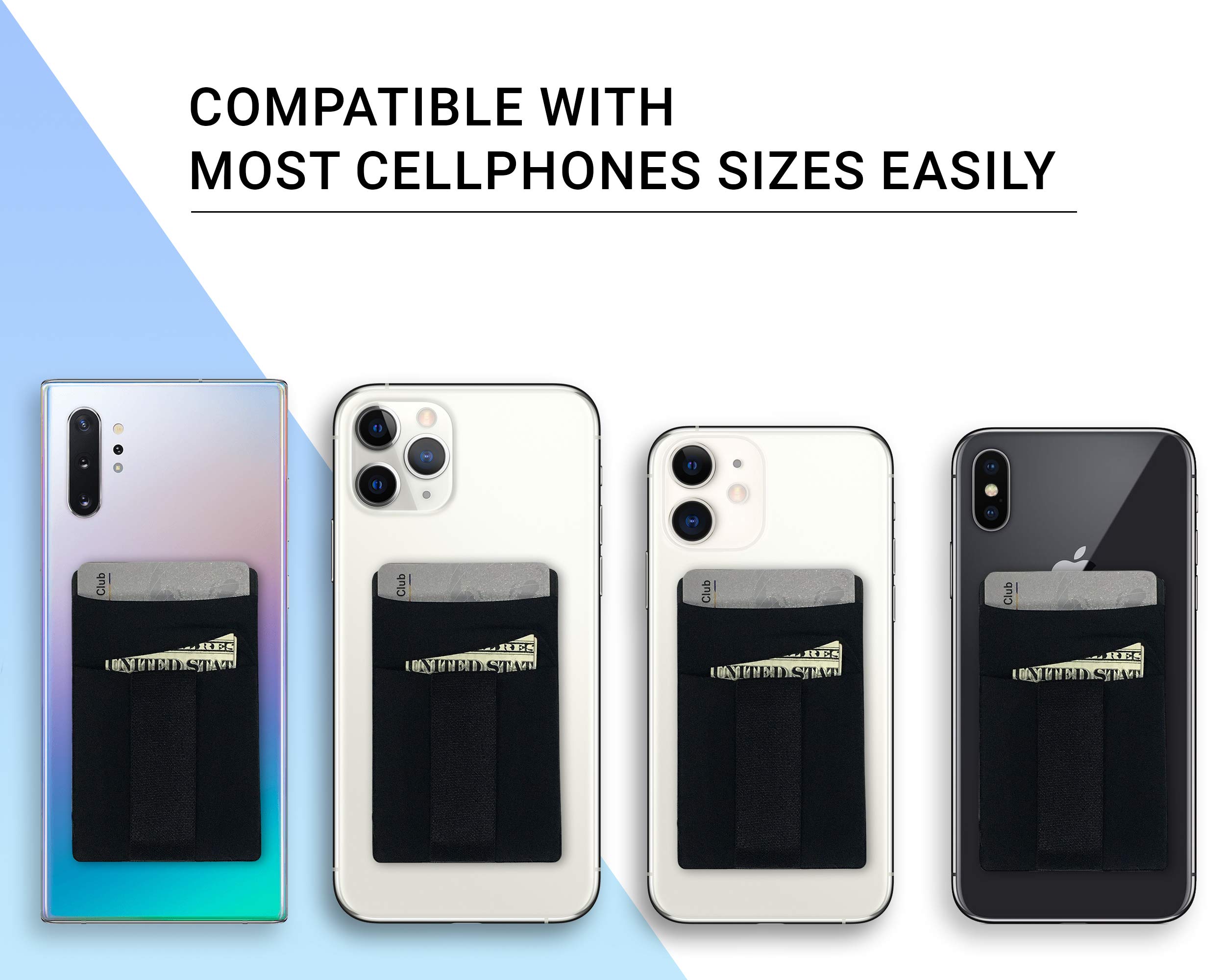 polifall Cell Phone Card Holder Stick On Wallet Sleeve Back - Double Pocket + Finger Grip Strap Loop + Metal Plate for Magnet Mount + RFID Block for iPhone, Galaxy, Android, Mobile - Black
