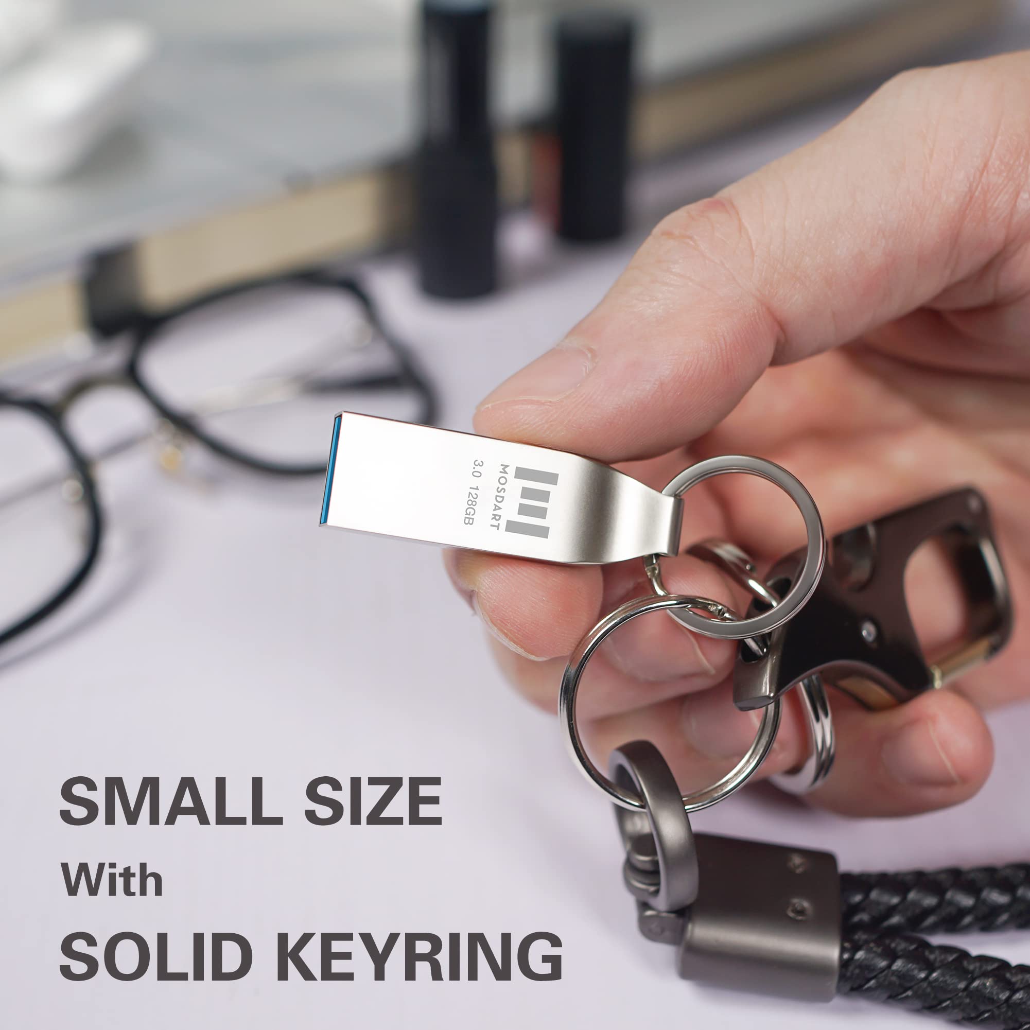 MOSDART 128GB USB 3.0 Flash Drive Metal Keychain Zip Drive Up to 90MB/s Fast Speed USB3.0 Thumb Drive,128 GB Waterproof Jump Drive USB Memory Stick,Silver