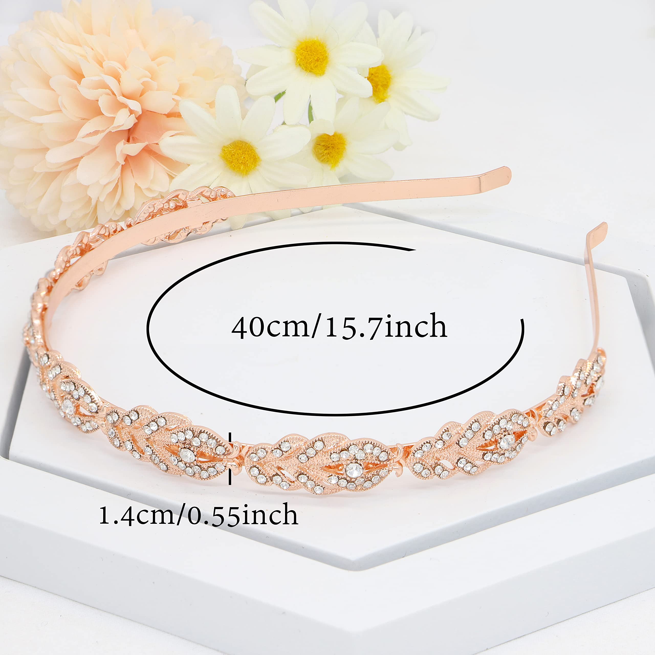 Oriamour Rose Design Rhinestone Crystal Wedding Headband Bridal Headpieces Simple Design Bridal Headband (Rose Gold)