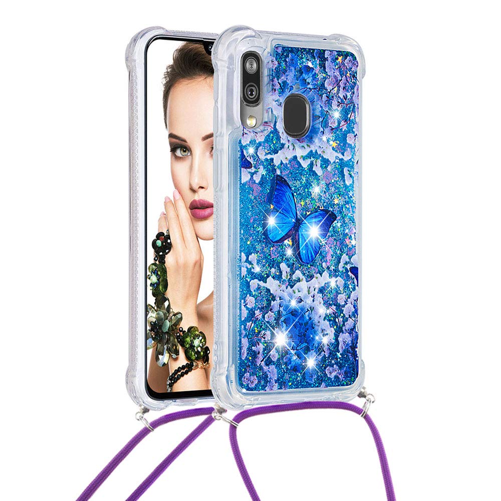Moving Quicksand Bling Phone Case for Samsung Galaxy A40 Mobile Phone Cover Lanyard Neck Strap Protective Phone Cover Necklace Case for Samsung Galaxy A40 (Blue Butterfly)