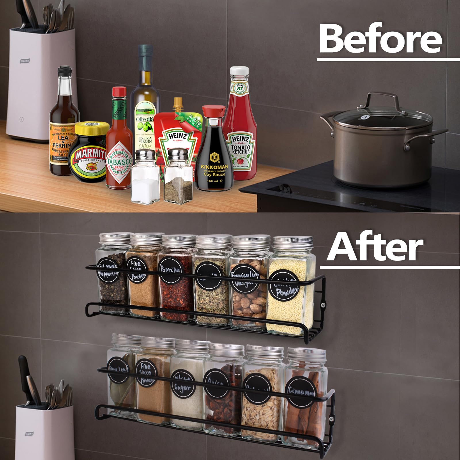 PNHYTUGY Spice Rack Wall Mount, 4 Pack Hanging Spice Rack with 24 Spice Jars, 180 Spice Labels, Whiteboard Marker & Funnel, Screw or Adhesive Spice Rack Organizer for Cabinet.Wall.Metal