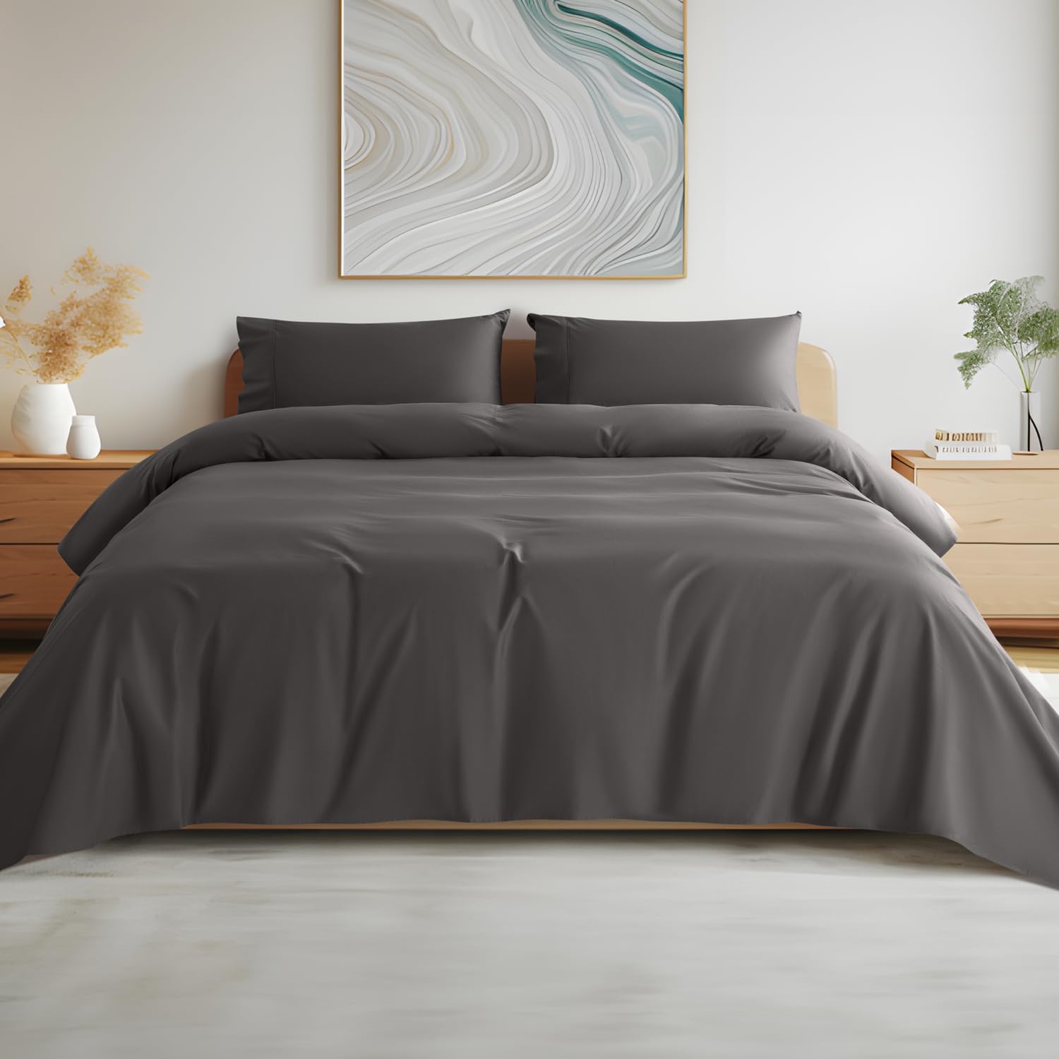 SONORO KATE 100% Egyptian Cotton Sheets - 800 Thread Count, Luxury Hotel Sateen Weave Sheets, Cooling, Soft & Breathable Bed Sheets Set, Fits 16" Deep Pocket - 4 PC (Dark Grey,88" x 98")