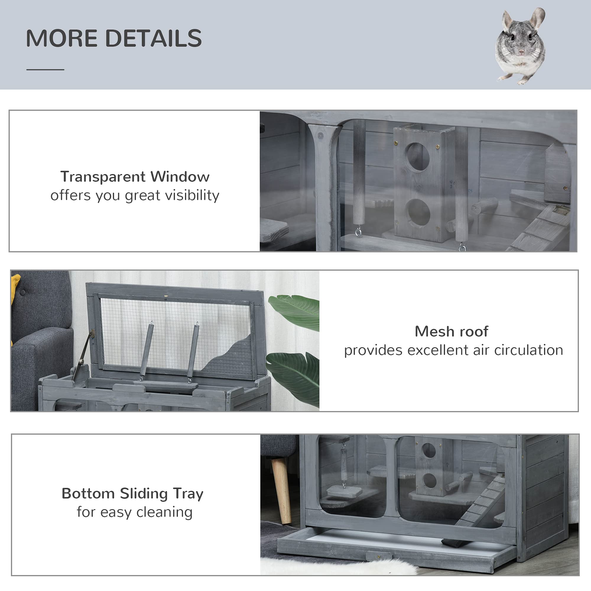 PawHut Wooden Extra Large Hamster Cage with Swings, Small Animal Cage and Habitat with Jumping Platforms, Hamster Habitat, Rats, Mice, Pull-Out Tray
