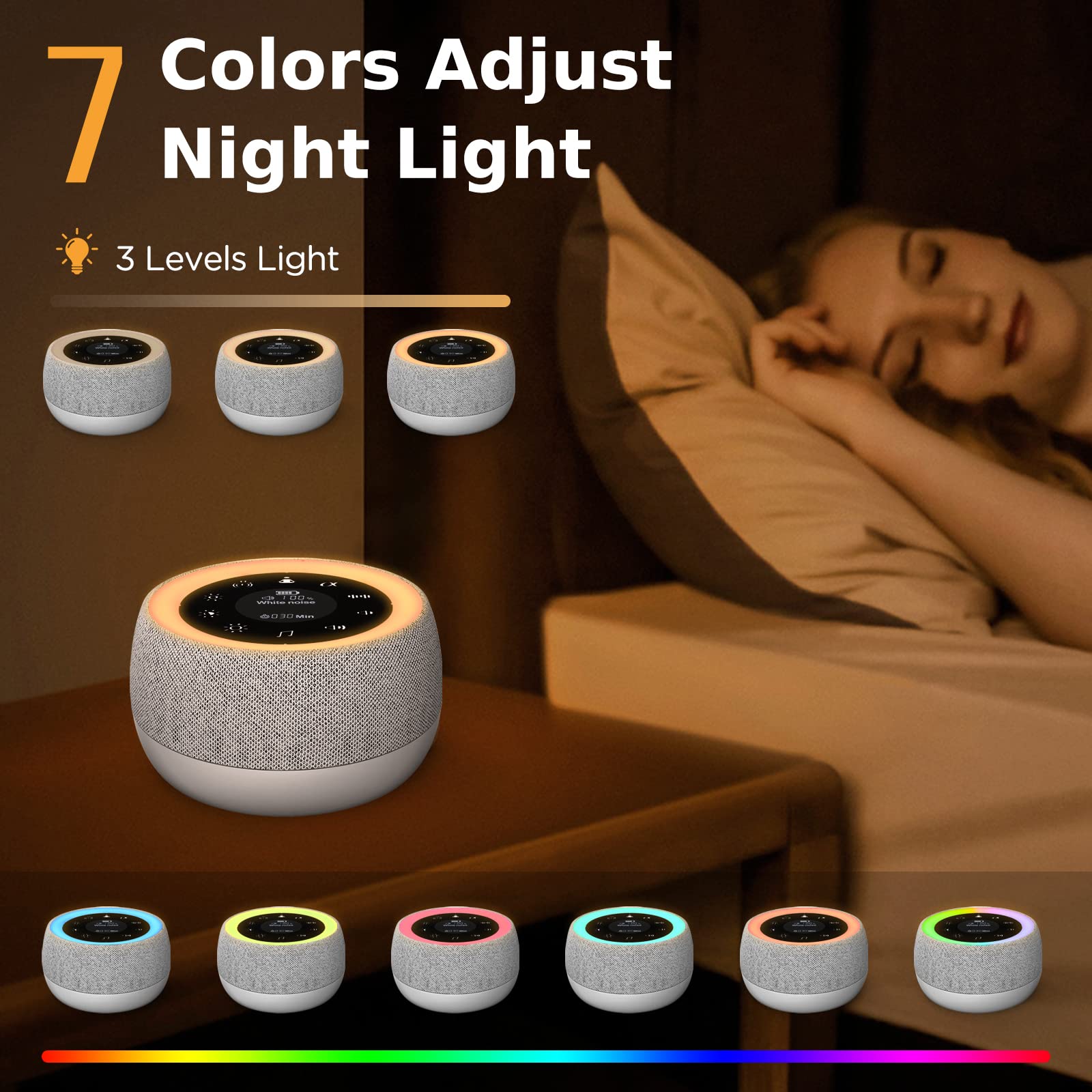 White Noise Machine HOMHOW Portable Sound Machine for Sleeping Adults Baby Kids Sleep Sound Machine Whit 32 Soothing Sounds, USB Rechargeable Timer Night Light