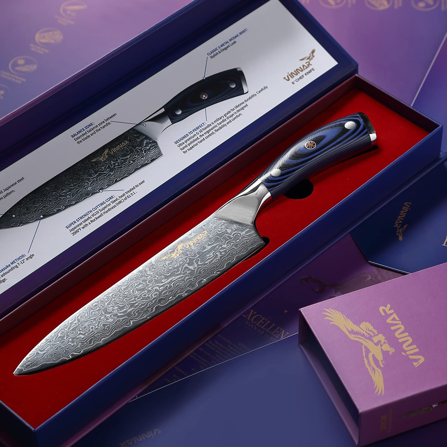 VINNAR Damascus Chef Knife, Japanese VG-10 Super Sharp 8 inch Professional Kitchen Knives, Ergonomic Blue G10 Handle,Sharpest Cooking Knife Best Choice for Home Kitchen and Restaurant