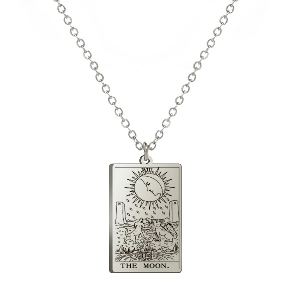 TEAMER Stainless Steel Tarot Cards Necklace Vintage Tarot Jewelry Good Luck Amulet Pendants for Women (Silver-THE MOON)