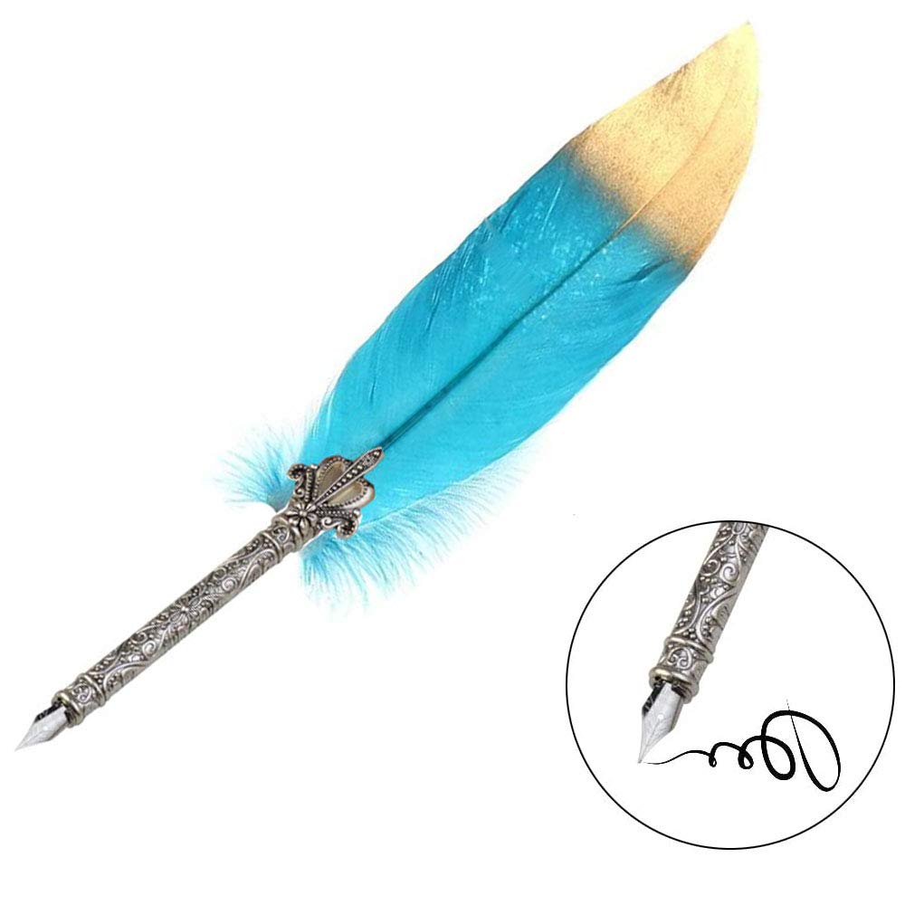 Quill Dip Pen Set Handcrafted Antique Feather Pen Vintage Writing Calligraphy Pen + 5 Replacement Metal Nibs + Pen Holder + Gift Box