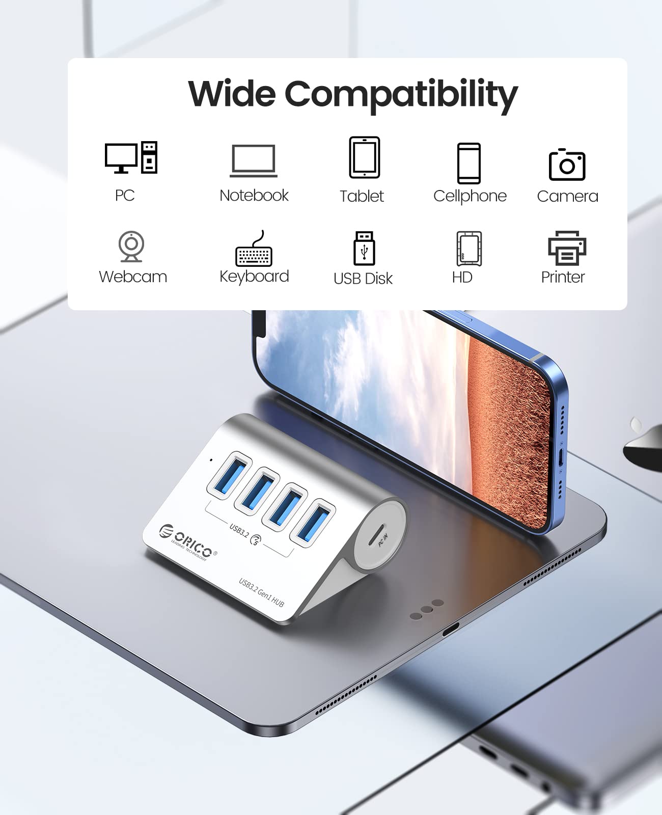 ORICO 4 Port USB 3.0 Unibody Aluminum Portable Data Hub with 3.3ft Extension Cable for MacBook Pro/Mini, iMac, XPS, Surface Pro, Notebook PC, USB Flash Drives, Mobile HDD - Space Gray
