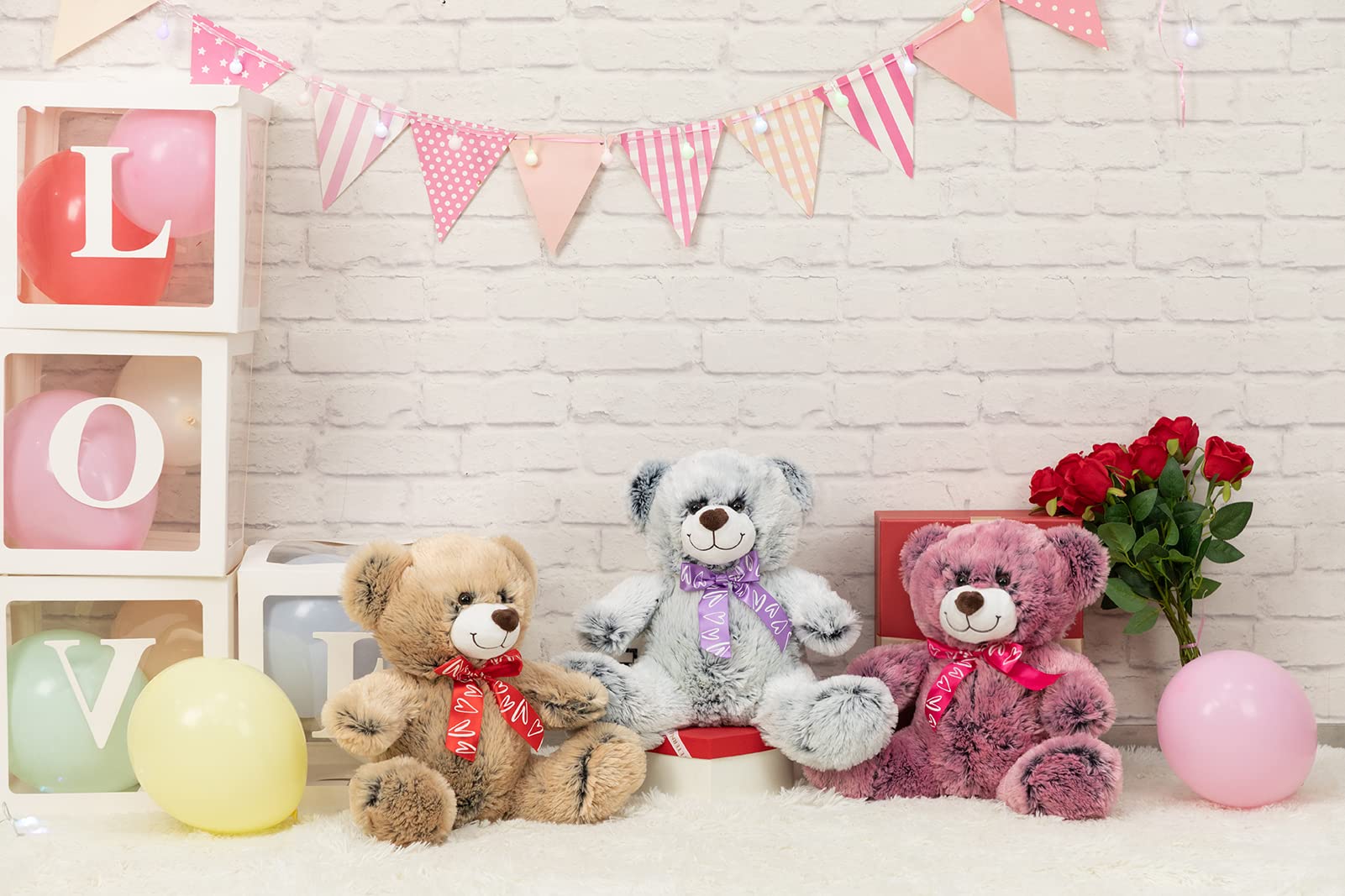 WENMOTDY Teddy Bear Stuffed Animals Plush Bear with Love Pattern Red Bow Soft Plush Toy Valentine's Day Gift 21 Inch Tan