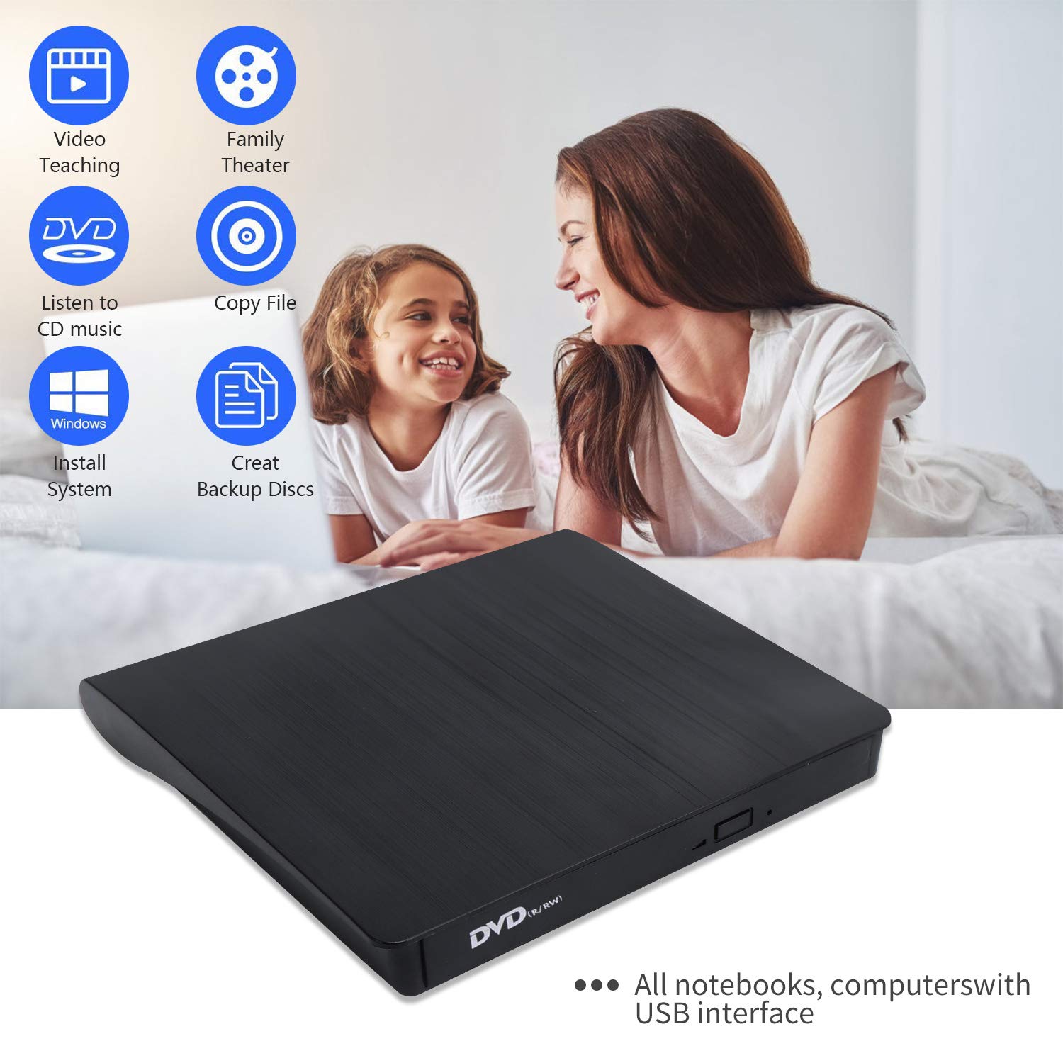 OOCLCURFUL External CD Drive, USB 3.0 Slim DVD Writer Rewriter Burner High Speed Data Transfer for Desktop/Laptop/Linux/Mac OS/Windows10/8/7 (2021 Upgrade, Black)