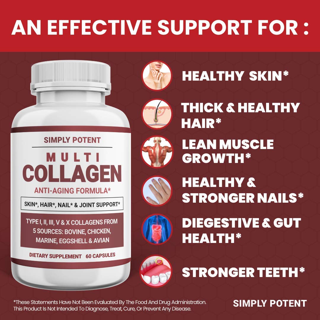 Multi Collagen Peptides Powder Pills, High Bioavailable Hydrolyzed Collagen Protein Supplement with 5 Collagen Types I, II, III, V, and X for Skin, Hair, Nail & Joint Support, 60 Capsules