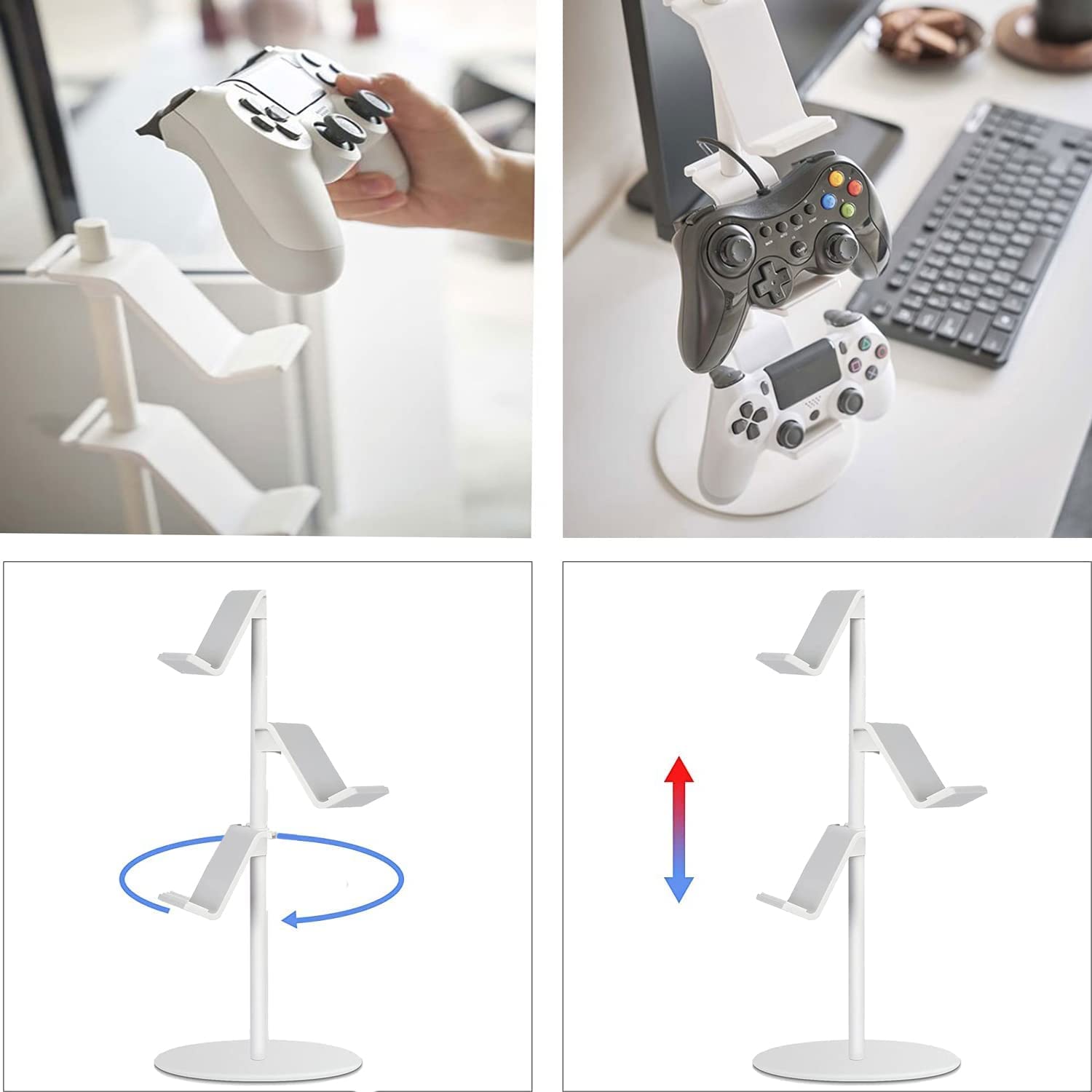 Xnuoyo 3 Tier Controller Holder,Universal Adjustable Game Controller Stand/Game Organizer,2 in 1 Game Controller Stand Holder Storage Organizer,Headset Hanger Game Universal Accessories White (White)