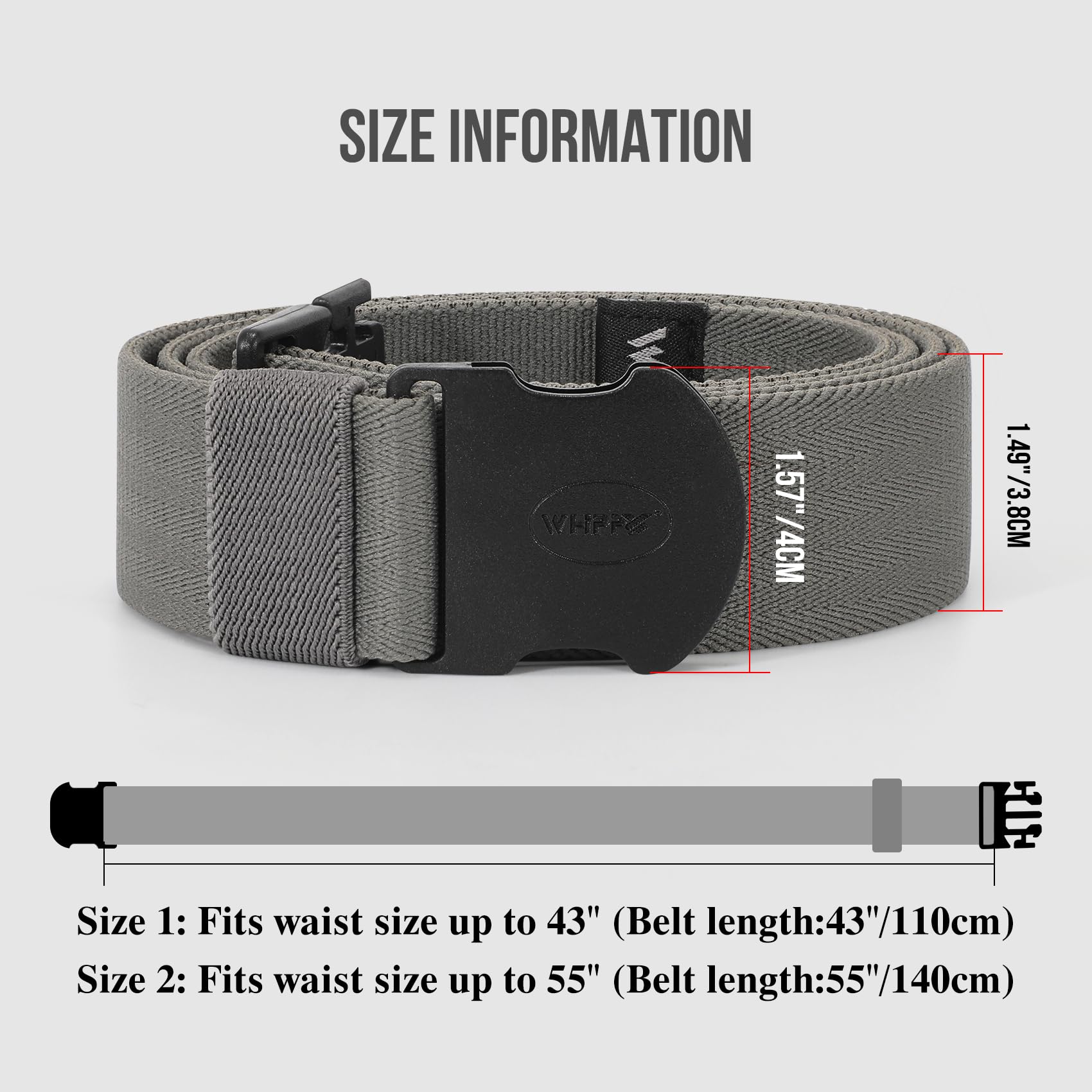 WHIPPY Mens Elastic Stretch Belt Unisex Adventure Web Belt for Women Men with Non-Metal Buckle Adjustable Belts, Gray, 43 Inches