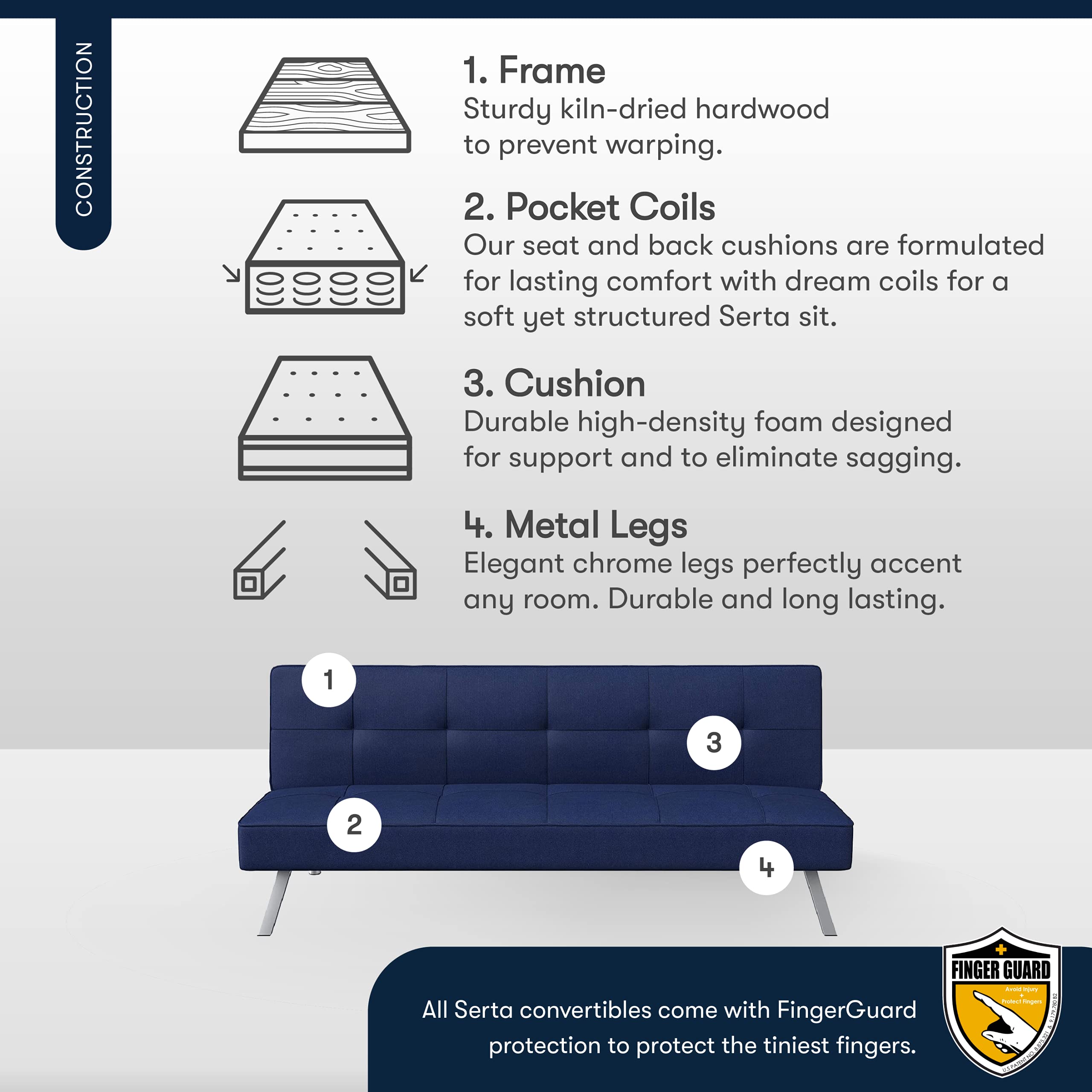 Serta Rane Futon, 66.1" W x 33.1" D x 29.5" H, Java & Rane Futon, 66.1" W x 33.1" D x 29.5" H, Navy Blue