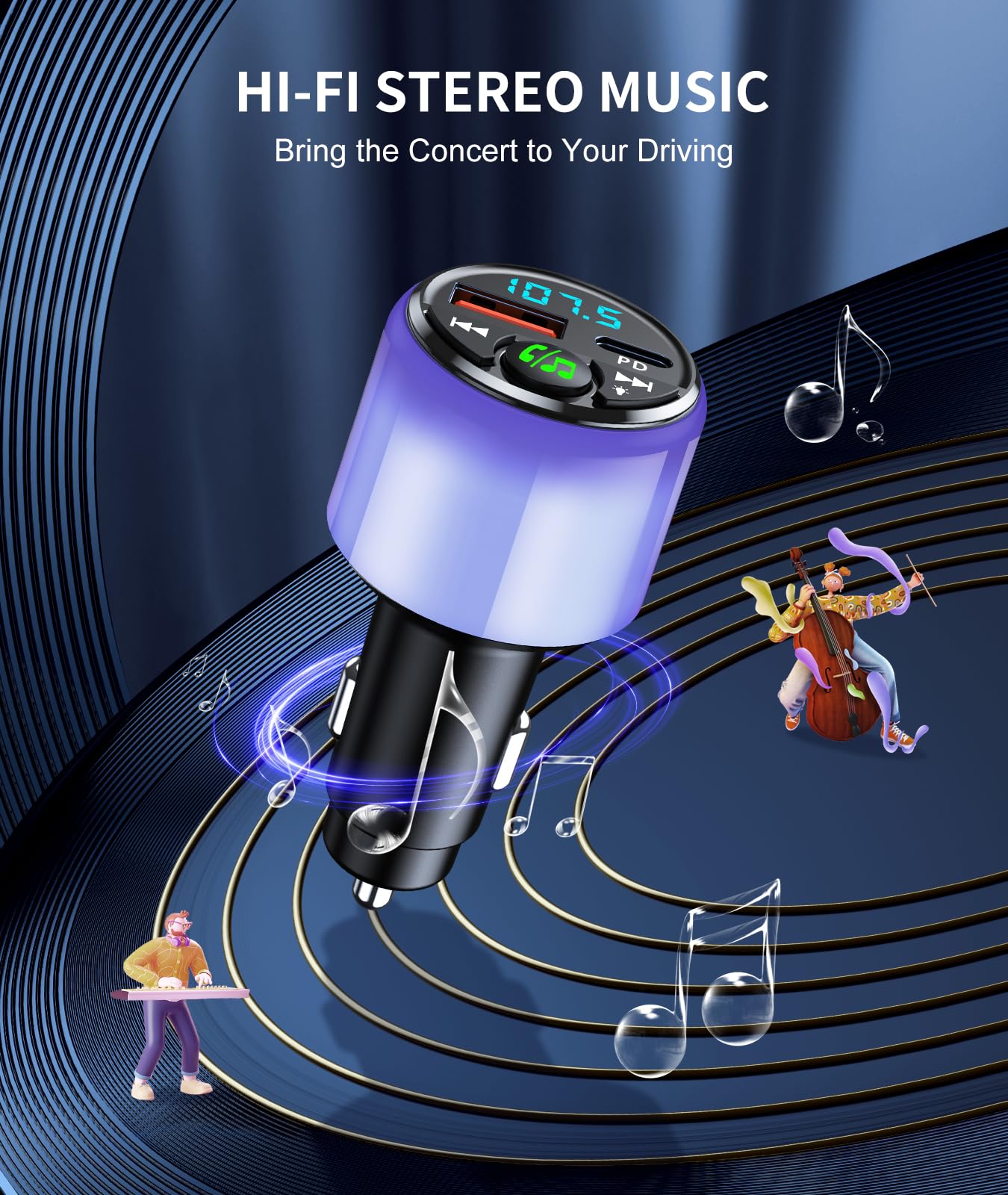 Otemly Bluetooth 5.3 FM Transmitter for Car [PD 30W & QC3.0 18W] Fast Charge, [All-Over Glow] Bluetooth Car Adapter Wireless FM Radio Transmitter Car Kit, Hands-Free Calls, Hi-Fi Music