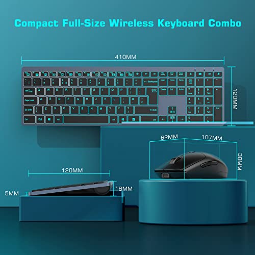 Wireless Keyboard and Mouse Combo Rechargeable, Full Size Wireless Keyboard with Backlit, 2.4G Silent USB Wireless Keyboard Mouse Combo [with USB C Adapter] for Windows, Mac OS Desktop/Laptop/PC
